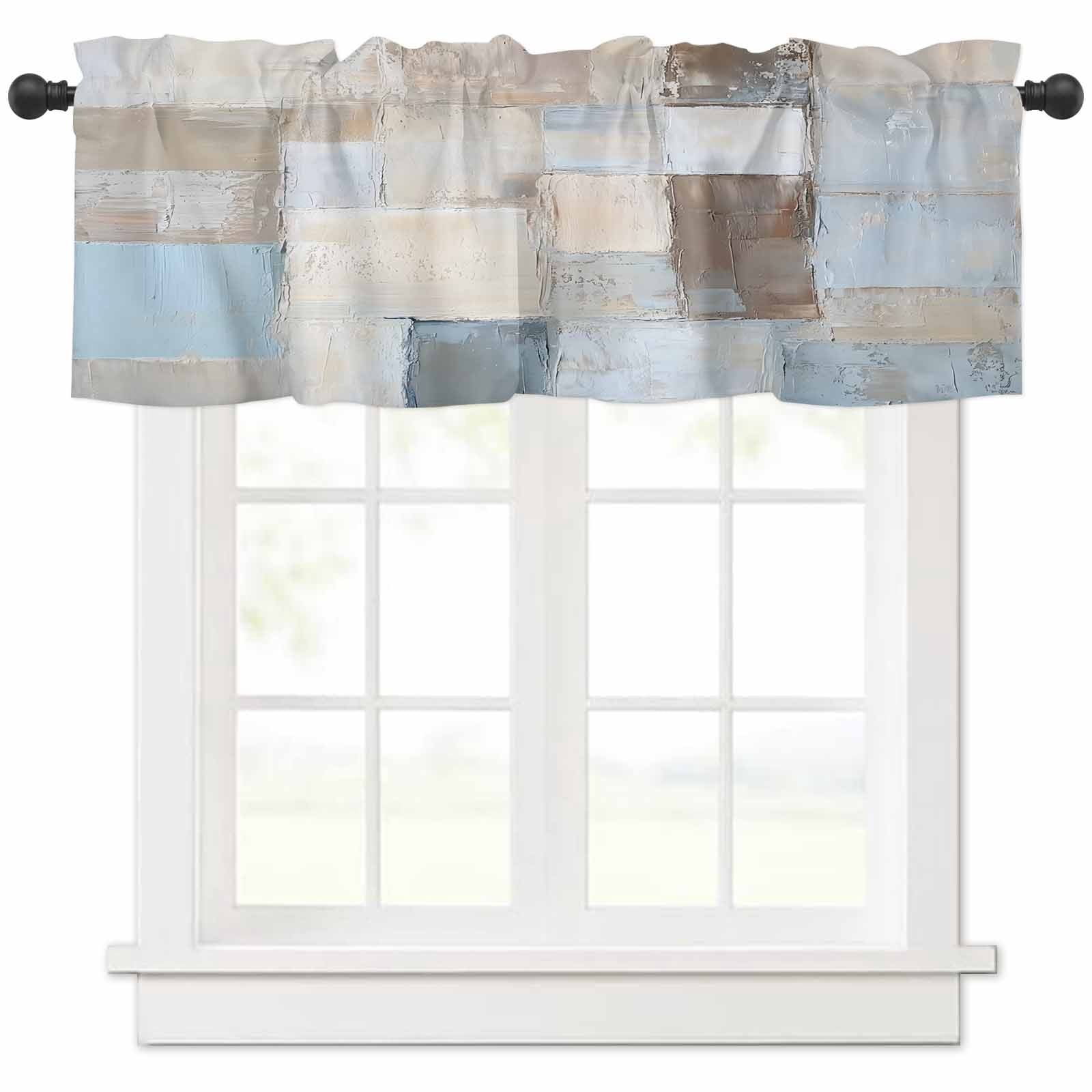 nqOlkjepod Blue Brown Abstract Farmhouse Short Window Curtain Valances ...