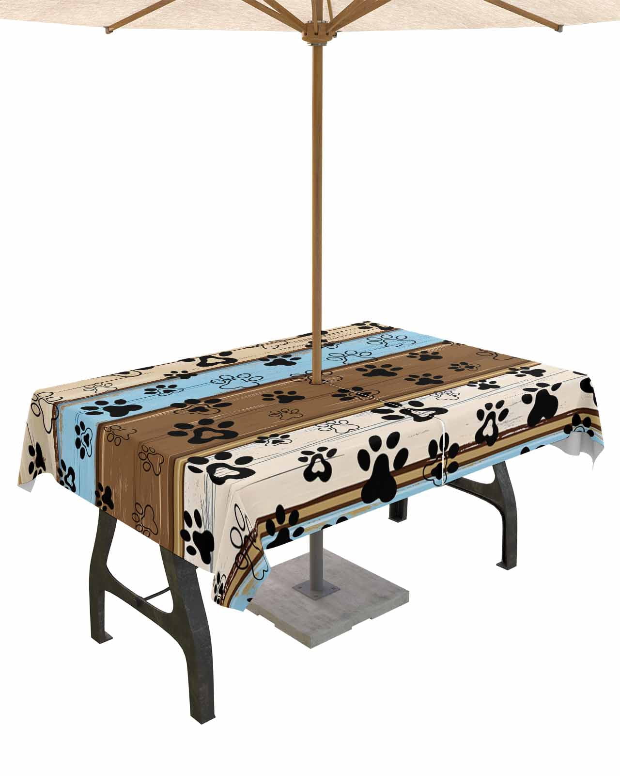 nqOlkjepod Blue Brown Paw Prints Outdoor Tablecloth with Umbrella Hole ...