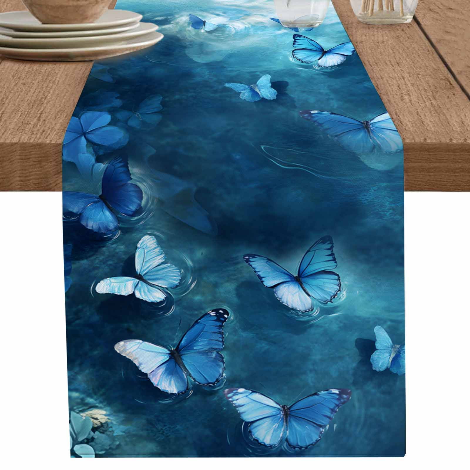 nqOlkjepod Blue Butterfly Table Runner 72 Inches Long Farmhouse Dress ...