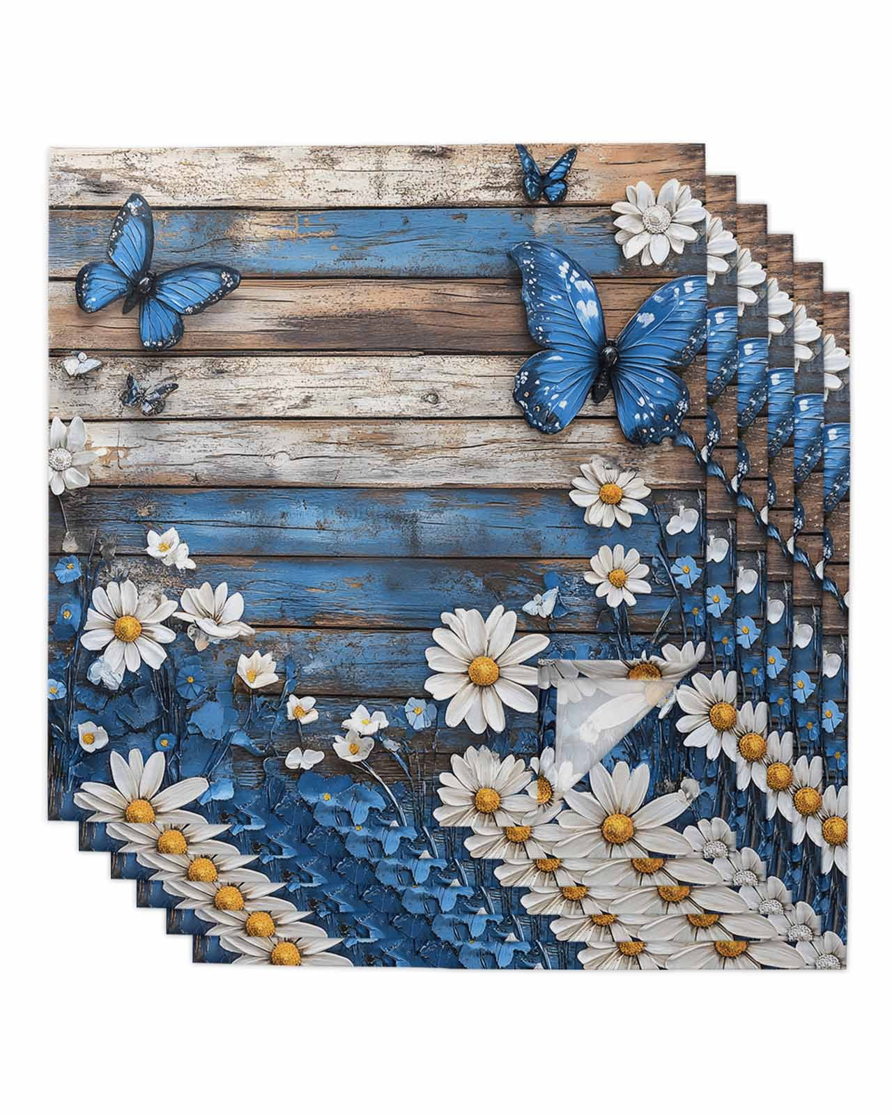 nqOlkjepod Blue Butterfly White Daisy Cloth Napkins Set of 6 Reusable ...