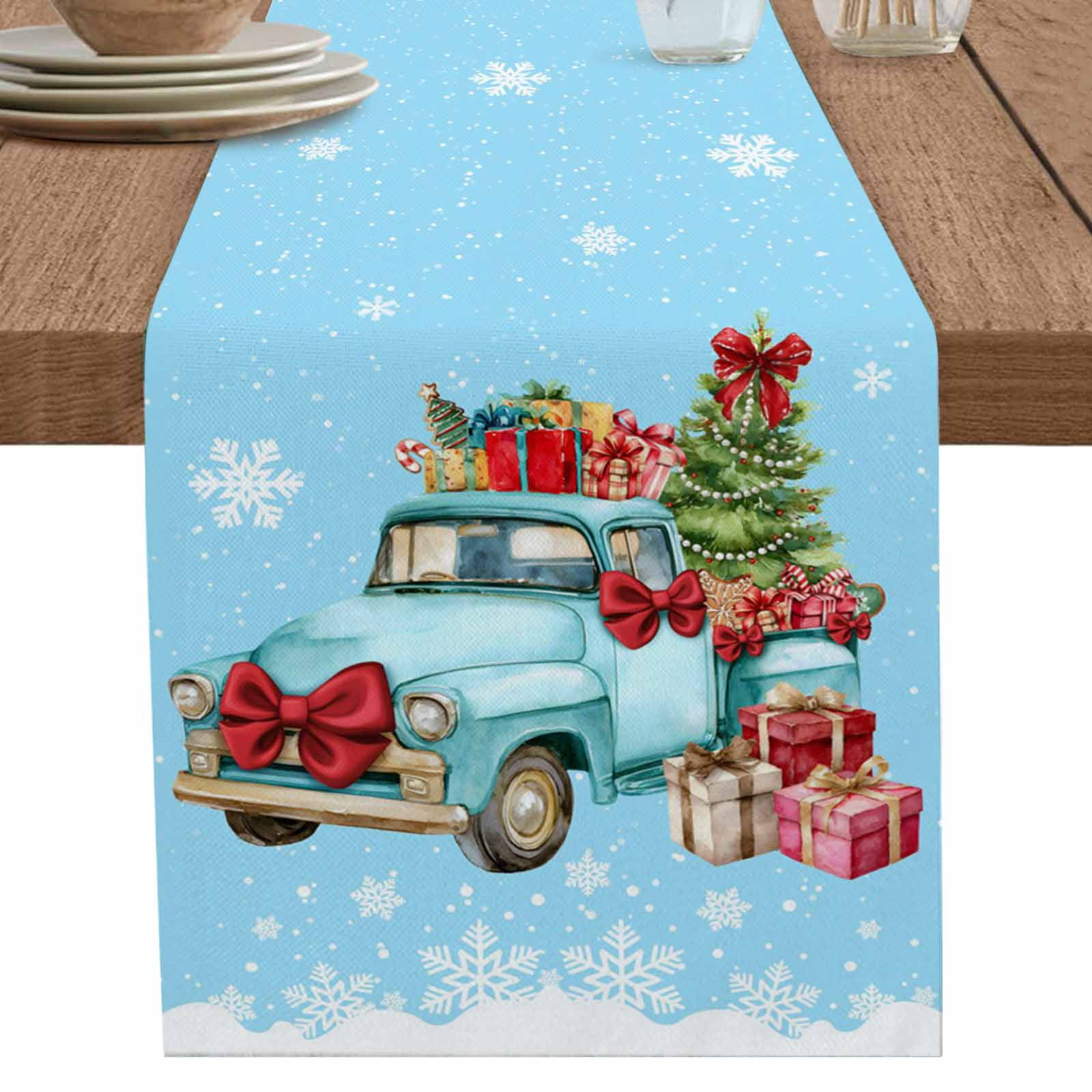 nqOlkjepod Blue Christmas Trucks Table Runner 72 Inches Long Farmhouse ...