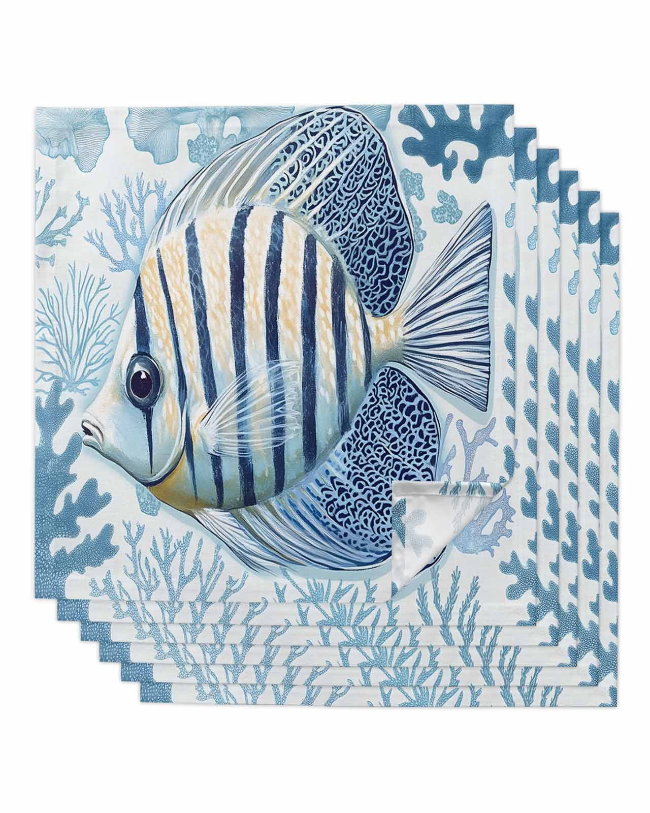nqOlkjepod Blue Coastal Fish Cloth Napkins Set of 6 Reusable Dinner ...