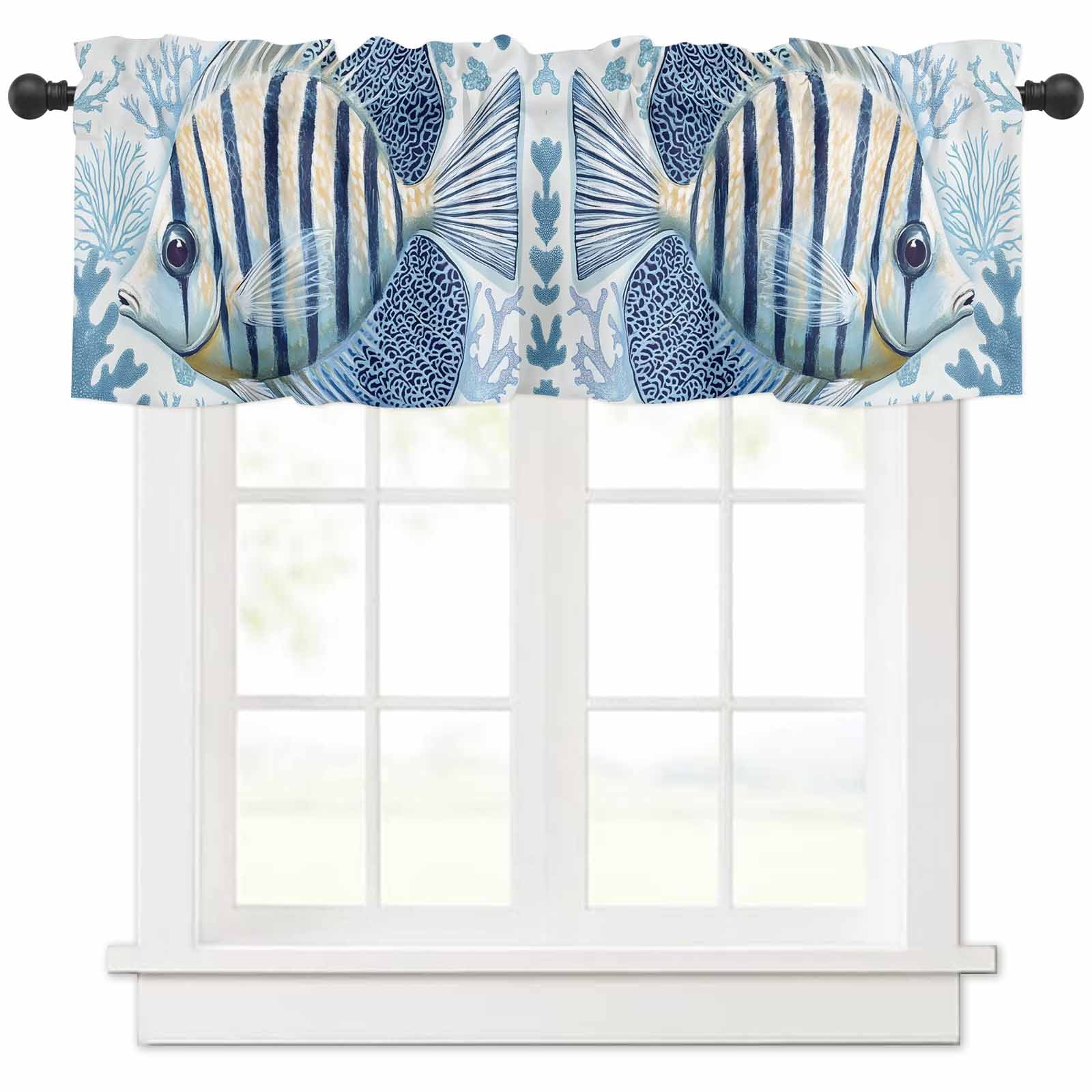 nqOlkjepod Blue Coastal Fish Farmhouse Short Window Curtain Valances ...