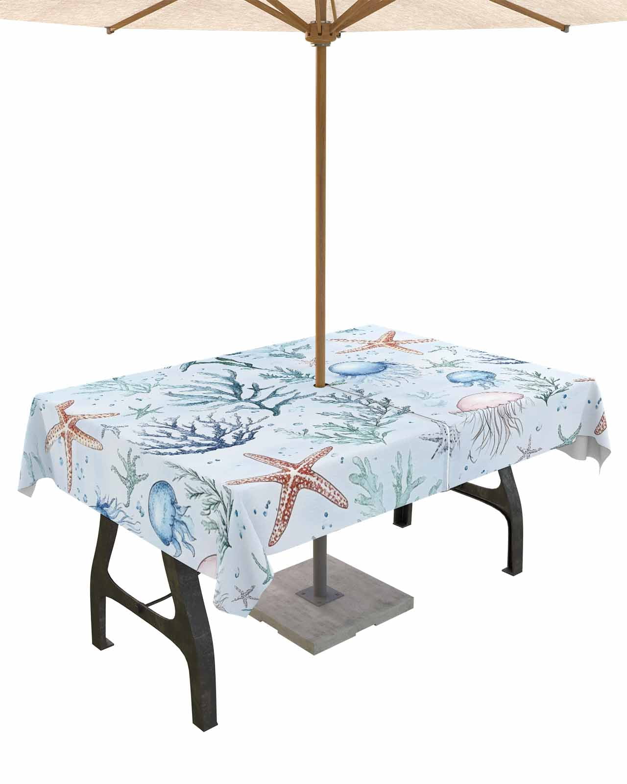 nqOlkjepod Blue Coastal Outdoor Tablecloth with Umbrella Hole & Zipper ...