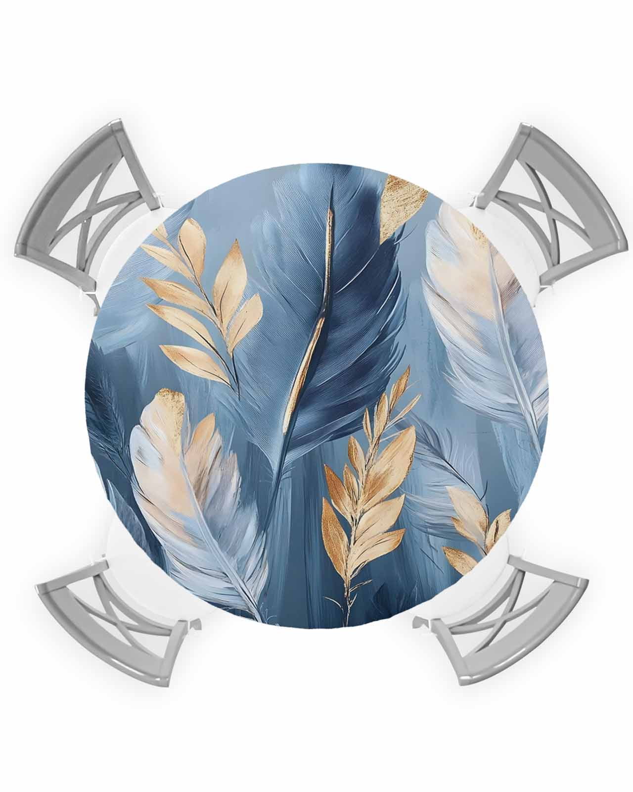 nqOlkjepod Blue Gold Feather Round Tablecloth, Fitted Table Cover with ...