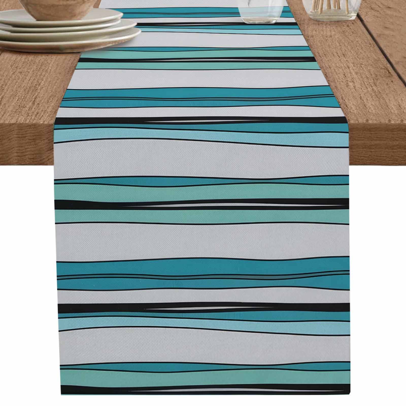 nqOlkjepod Blue Green Striped Table Runner 72 Inches Long Farmhouse ...