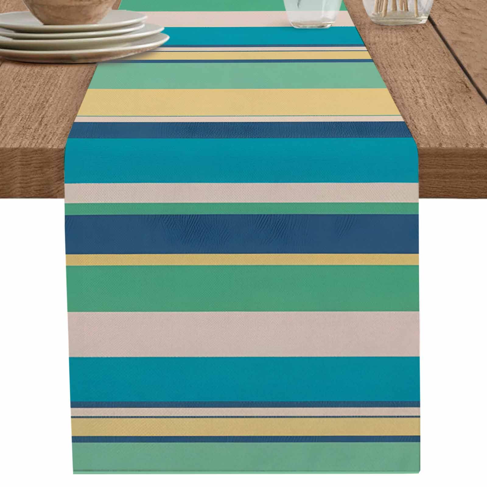 nqOlkjepod Blue Green Yellow Striped Table Runner 36 Inches Long ...