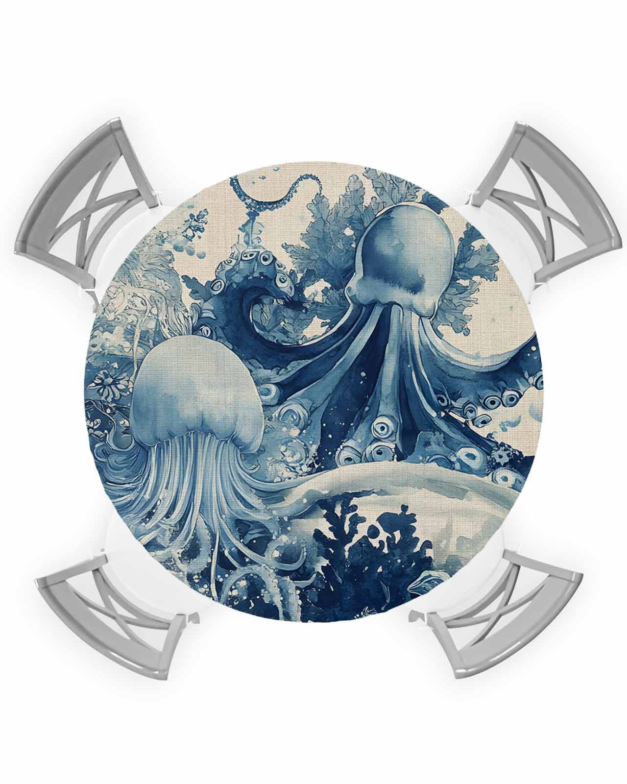 nqOlkjepod Blue Jellyfish Coastal Round Tablecloth, Fitted Table Cover ...