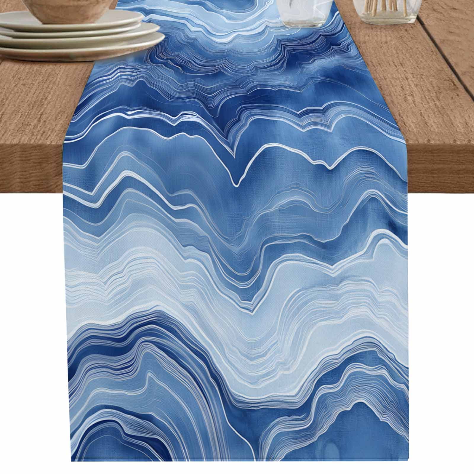 nqOlkjepod Blue Marble Table Runner 72 Inches Long Farmhouse Dress ...