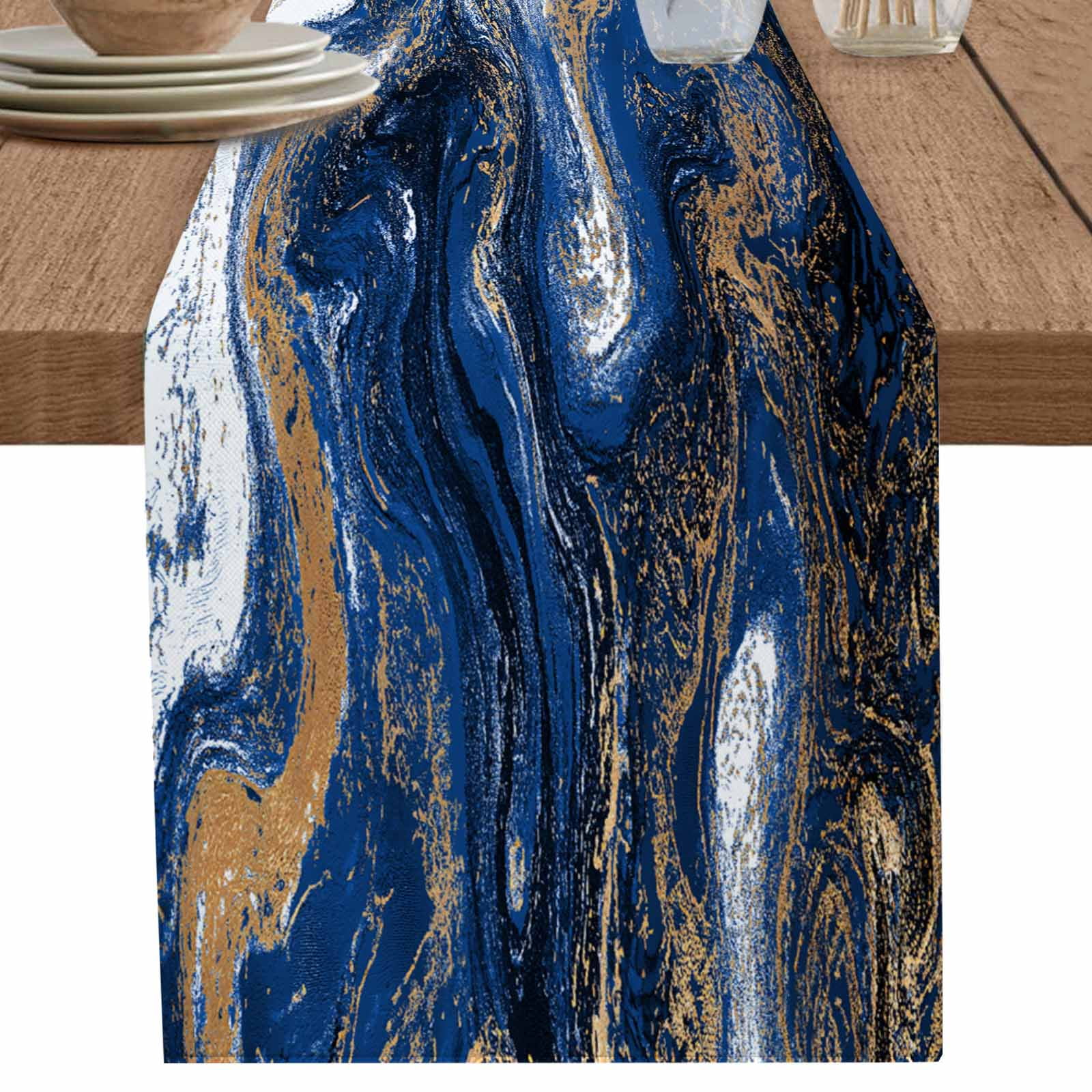 nqOlkjepod Blue Marble Table Runner 72 Inches Long Farmhouse Dress ...