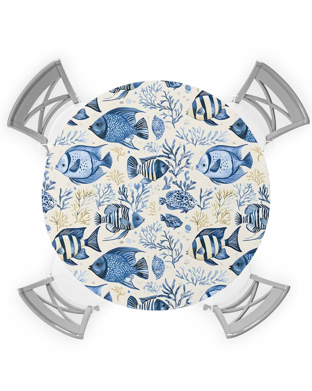 nqOlkjepod Blue Ocean Fish Round Tablecloth, Fitted Table Cover with ...