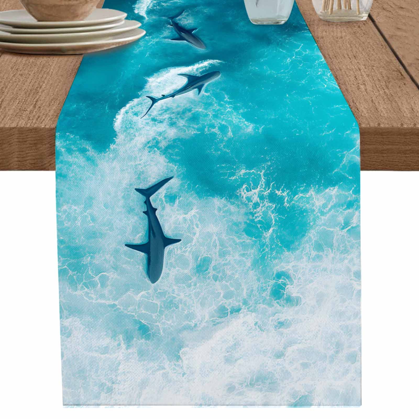 nqOlkjepod Blue Ocean Shark Table Runner 108 Inches Long Farmhouse ...