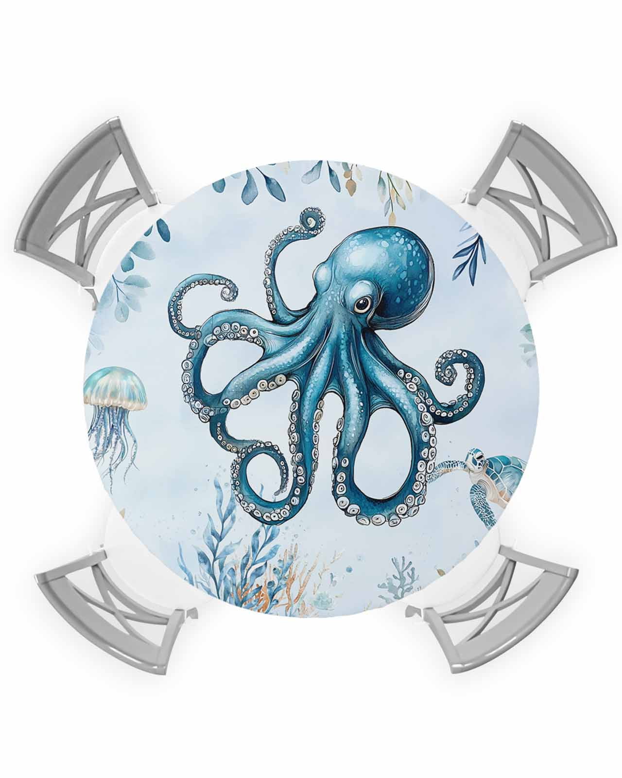 nqOlkjepod Blue Octopus Coastal Round Tablecloth, Fitted Table Cover ...
