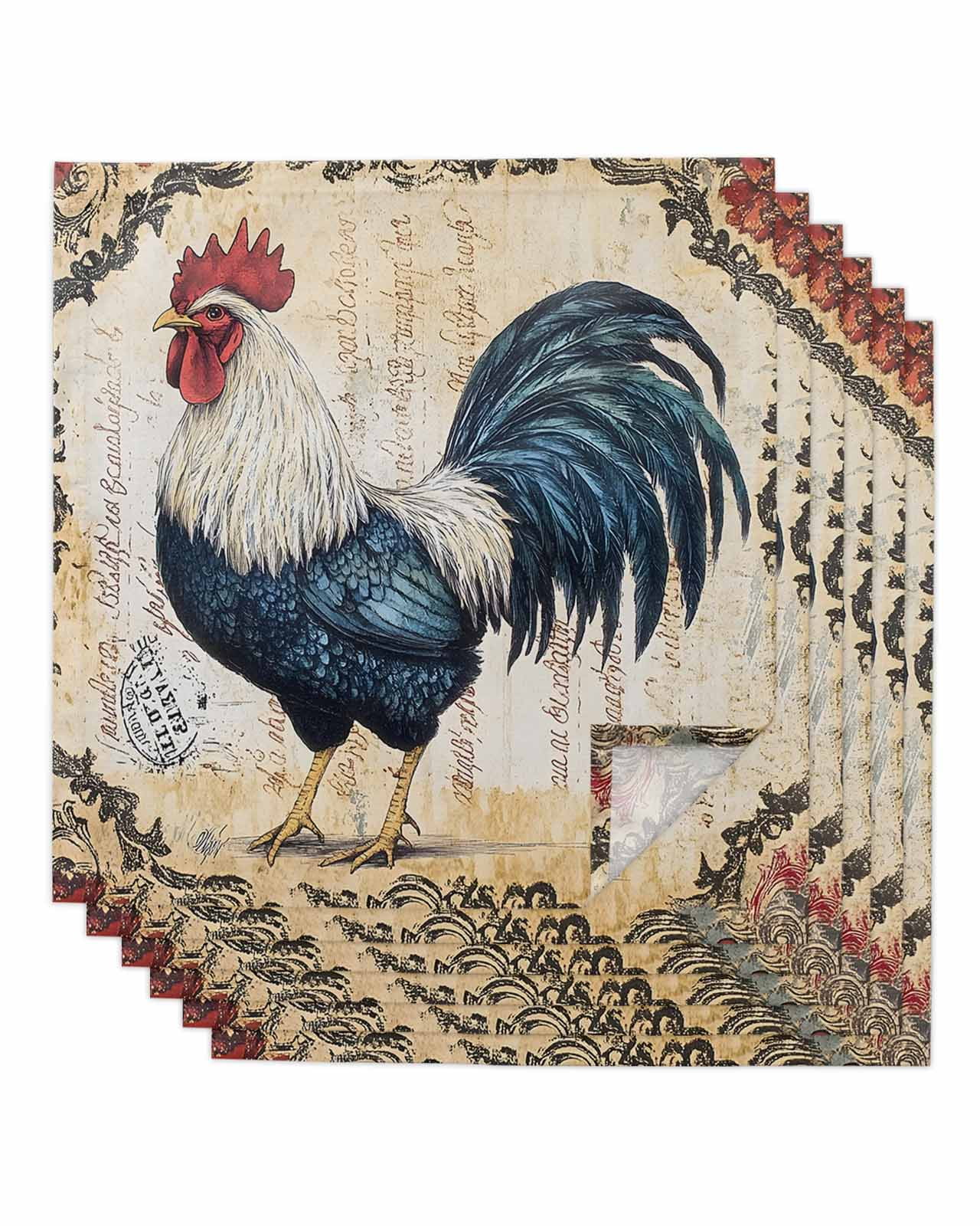 nqOlkjepod Blue Retro Rooster Cloth Napkins Set of 6 Reusable Dinner ...
