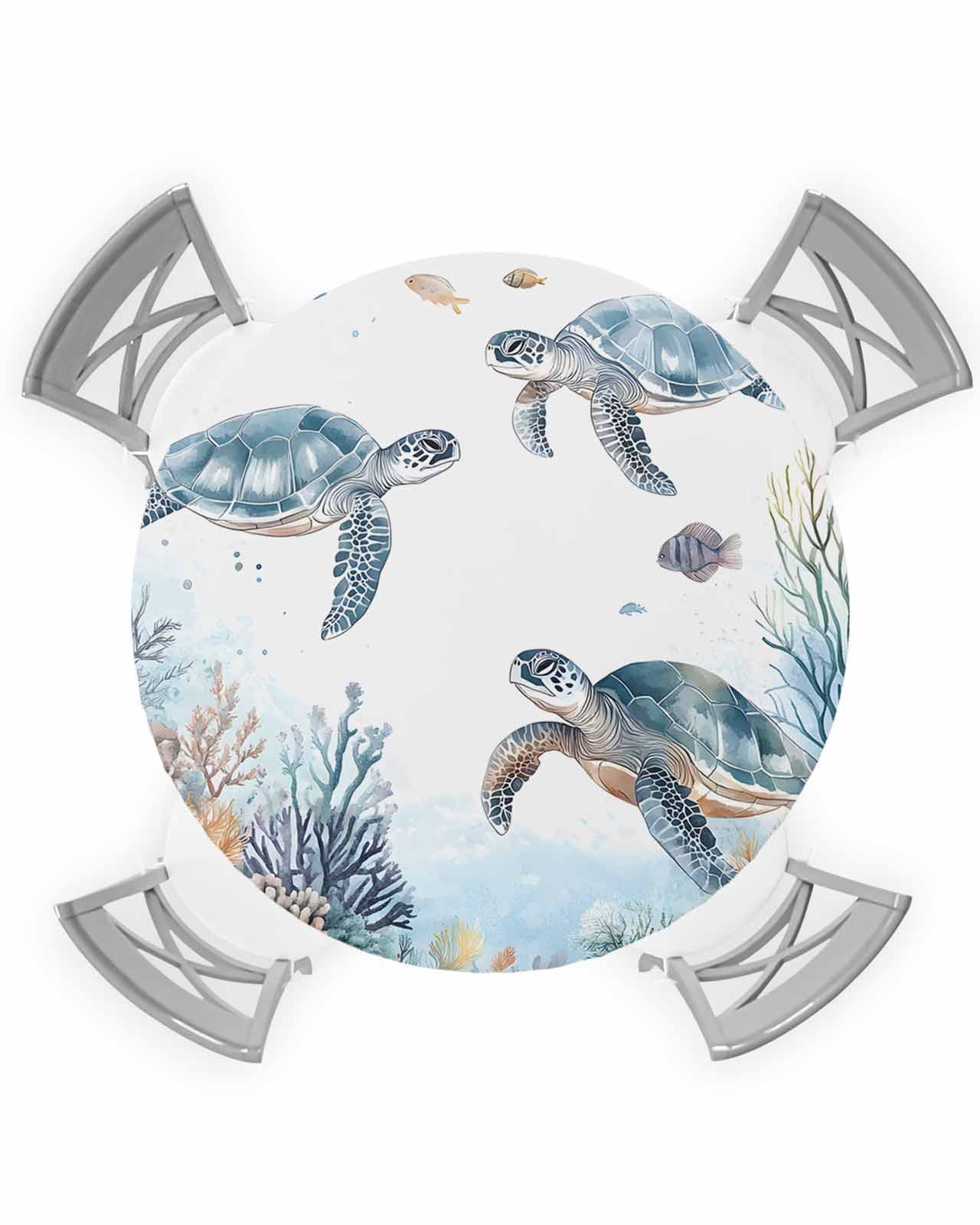 nqOlkjepod Blue Sea Turtle Coastal Round Tablecloth, Fitted Table Cover ...