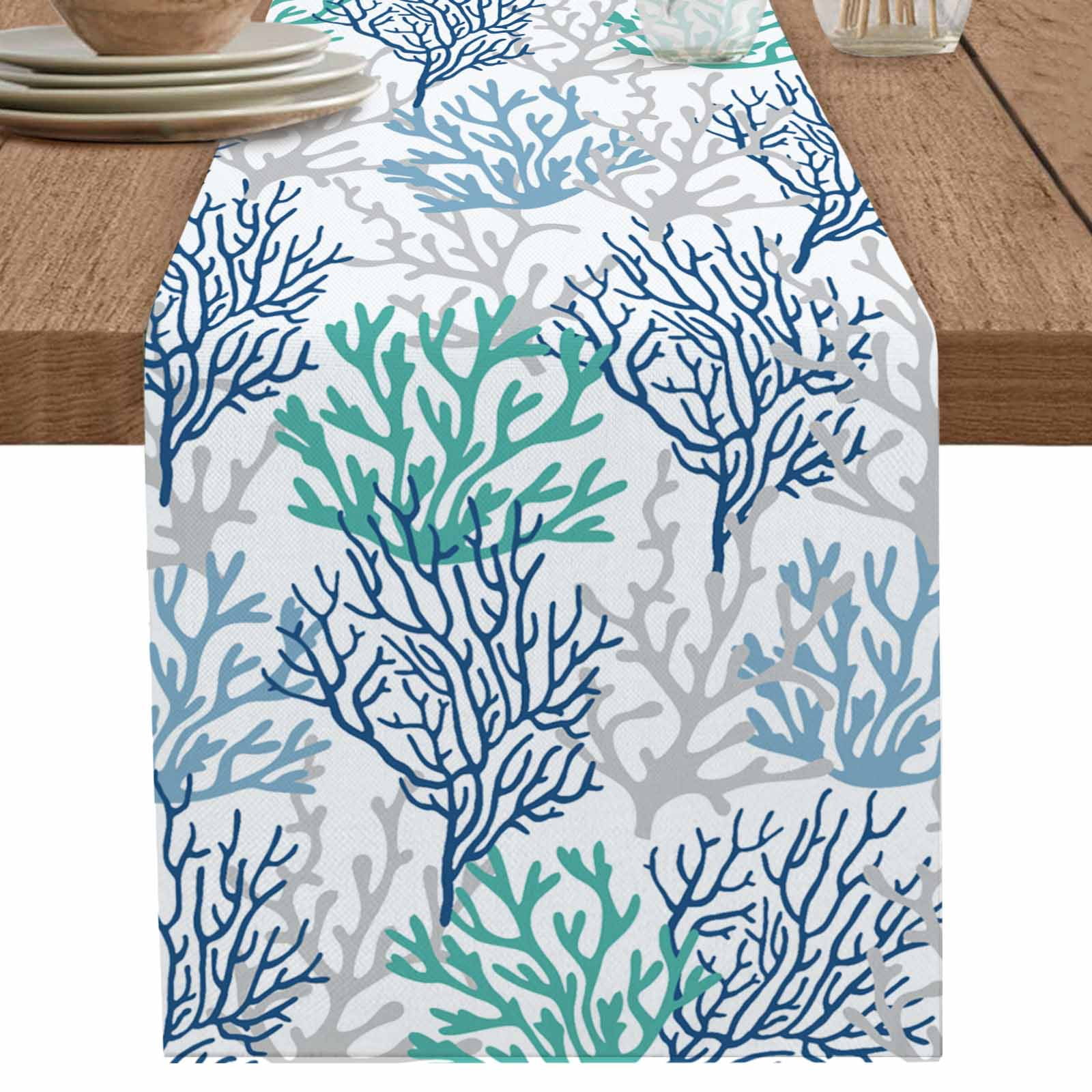 nqOlkjepod Blue Teal Grey Coral Coastal Table Runner 72 Inches Long ...
