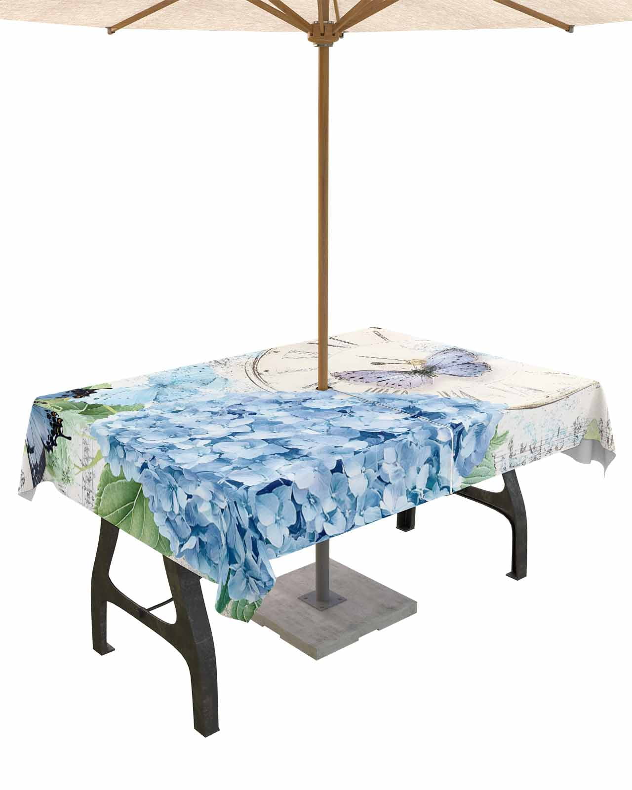 nqOlkjepod Blue Vintage Hydrangea Outdoor Tablecloth with Umbrella Hole ...