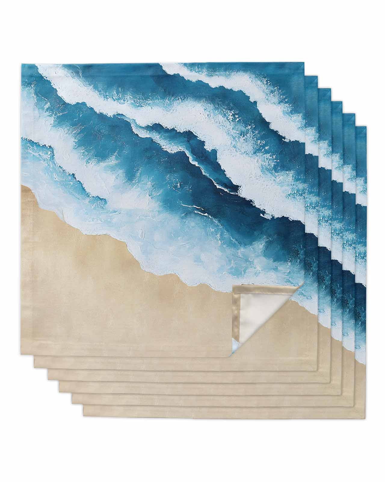nqOlkjepod Blue Waves Coastal Cloth Napkins Set of 6 Reusable Dinner ...