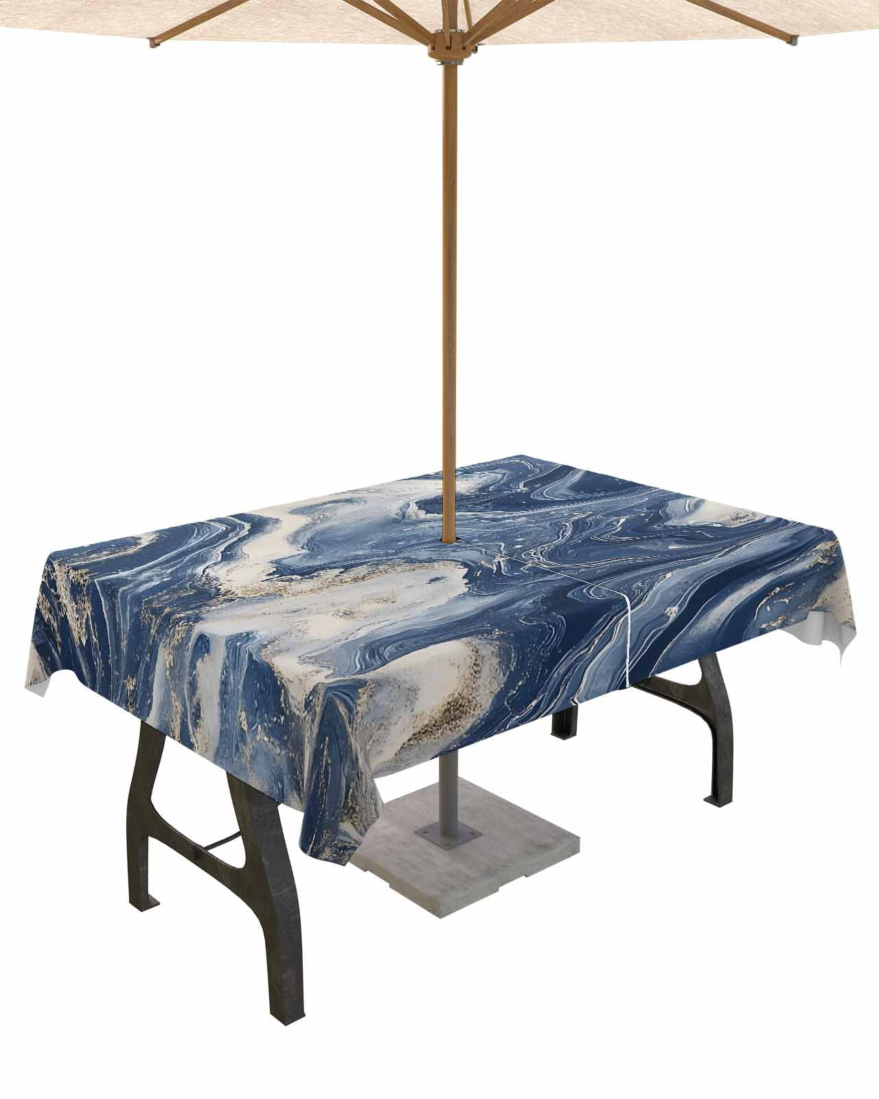 nqOlkjepod Blue White Marble Outdoor Tablecloth with Umbrella Hole ...