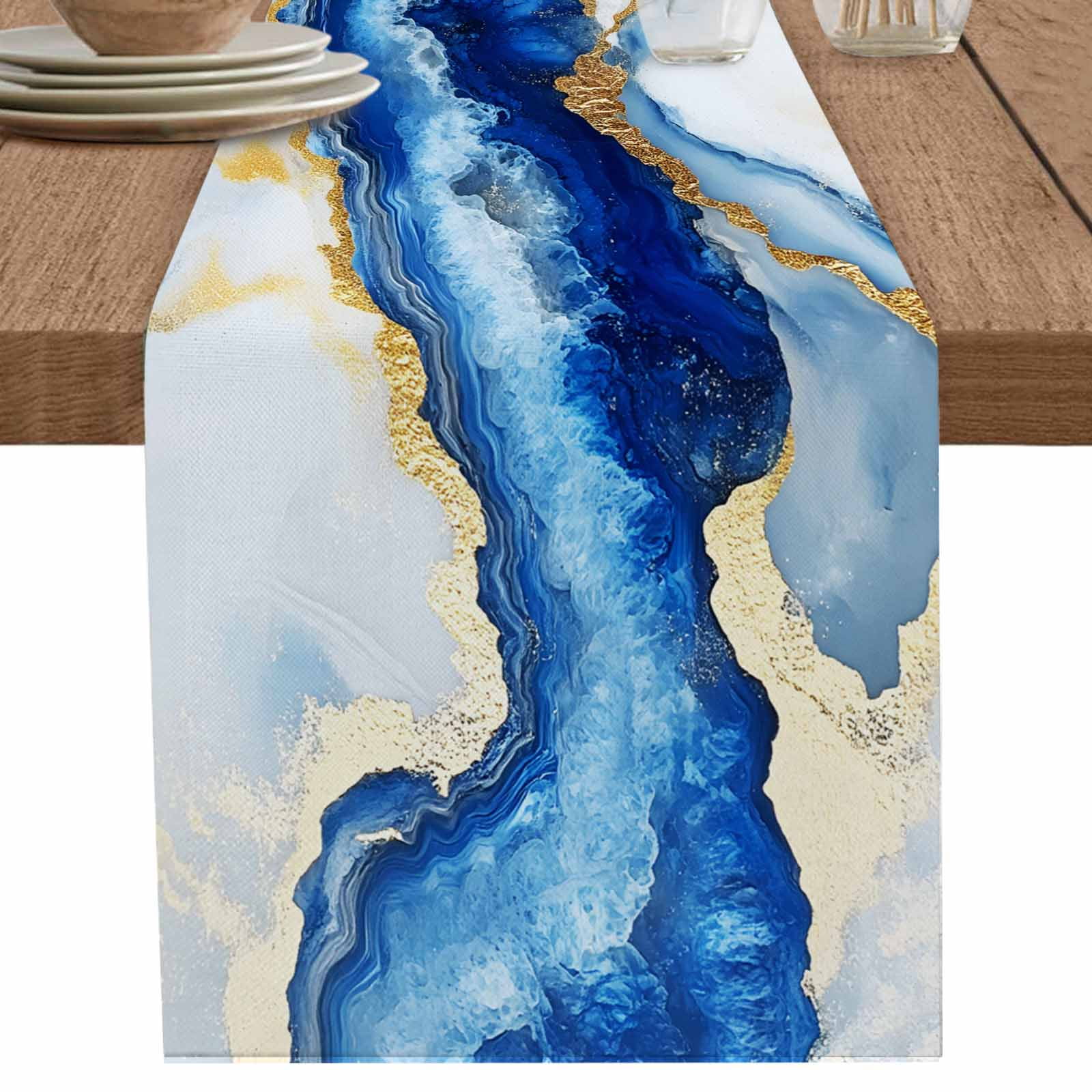 nqOlkjepod Blue White Marble Table Runner 72 Inches Long Farmhouse ...