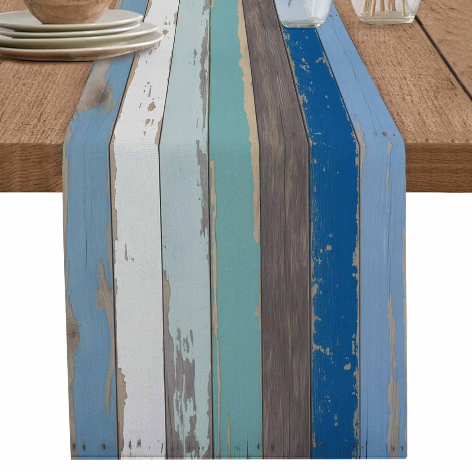 nqOlkjepod Blue Wooden Plank Table Runner 60 Inches Long Farmhouse ...