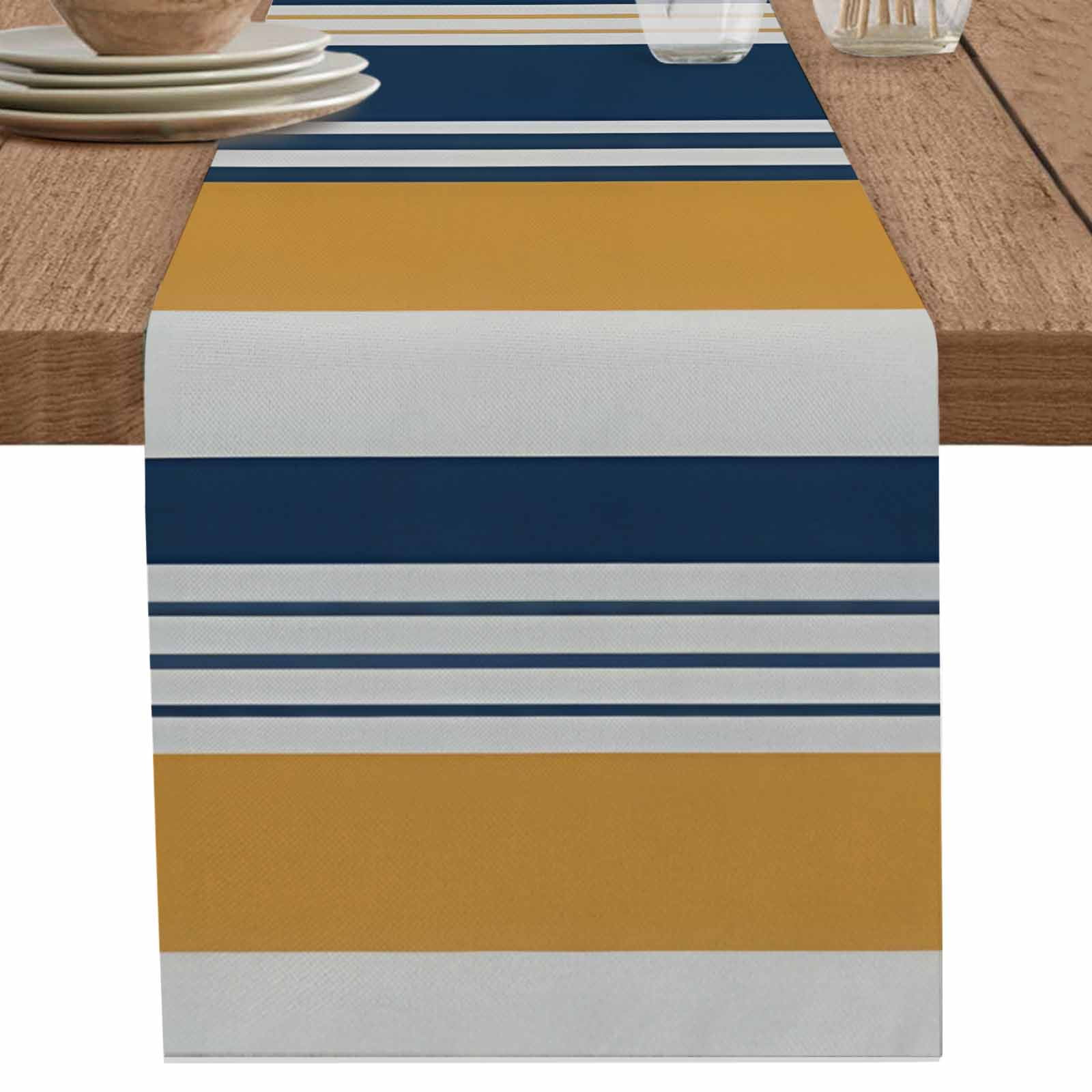 nqOlkjepod Blue Yellow Striped Table Runner 108 Inches Long Farmhouse ...