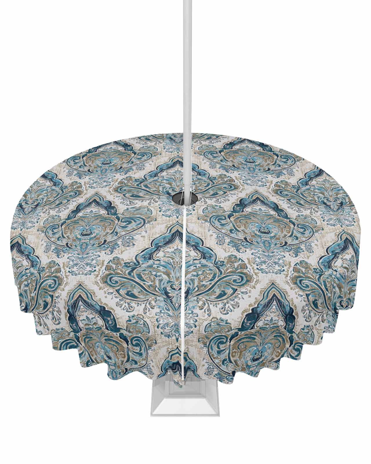 nqOlkjepod Boho Floral Outdoor Tablecloth with Umbrella Hole & Zipper, Retro Teal Blue Flower ...