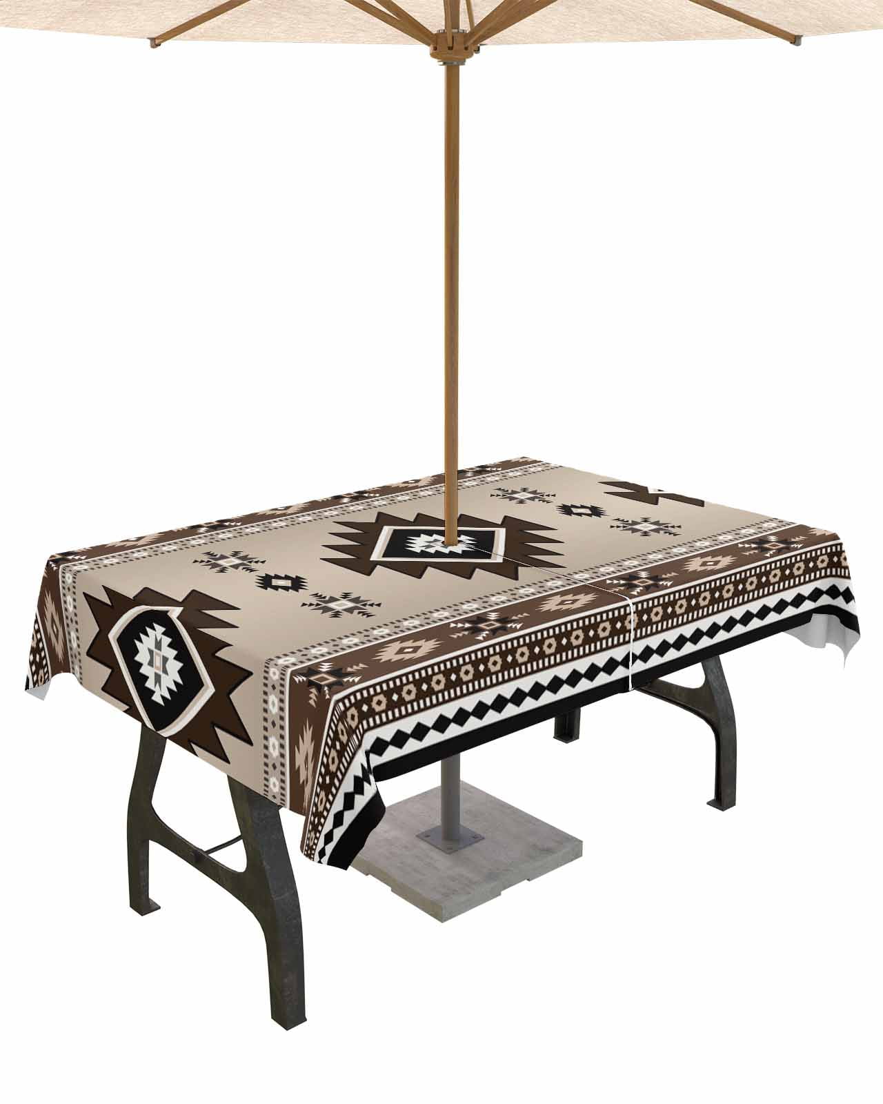 nqOlkjepod Brown Aztec Outdoor Tablecloth with Umbrella Hole & Zipper ...