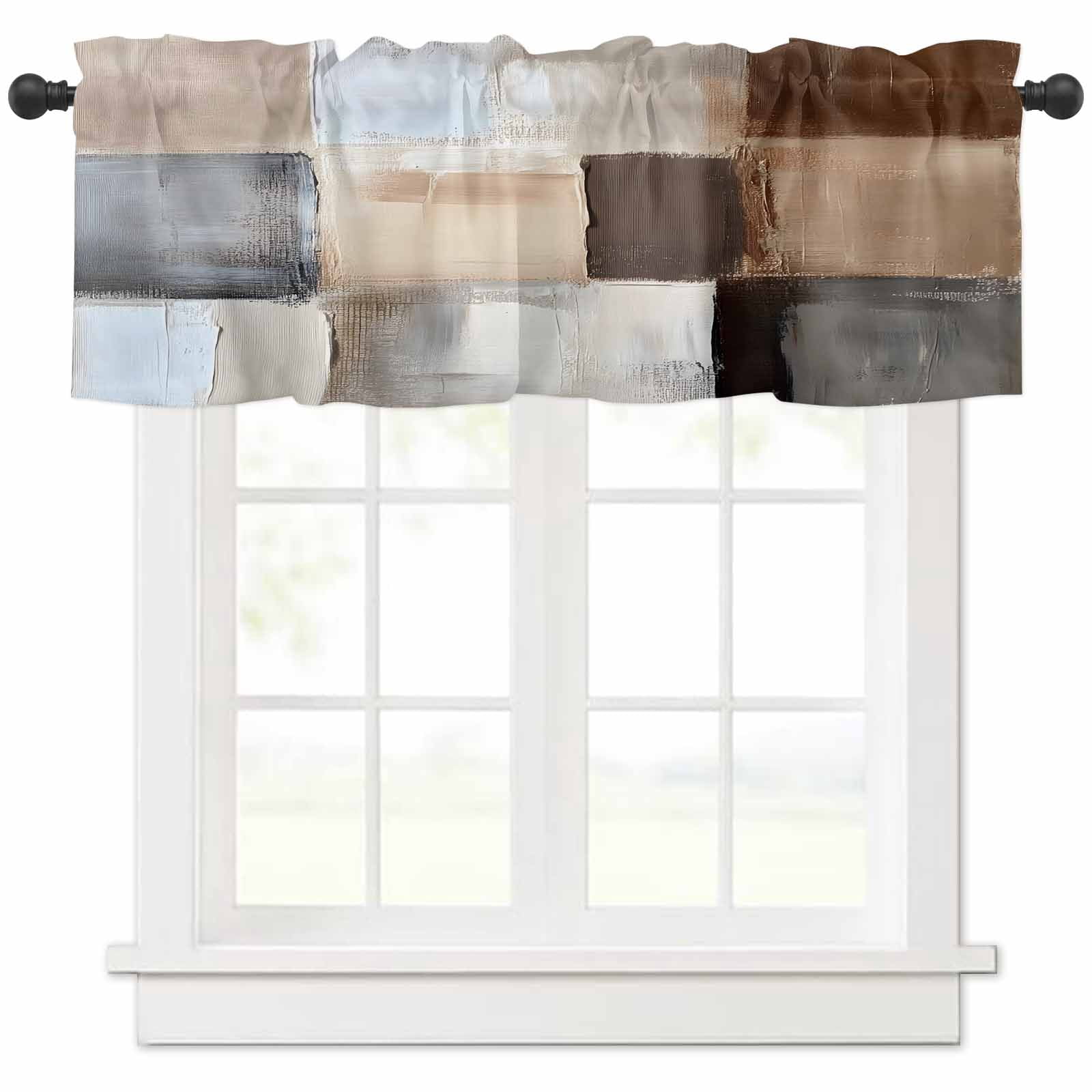 nqOlkjepod Brown Beige Color Blocks Farmhouse Short Window Curtain ...