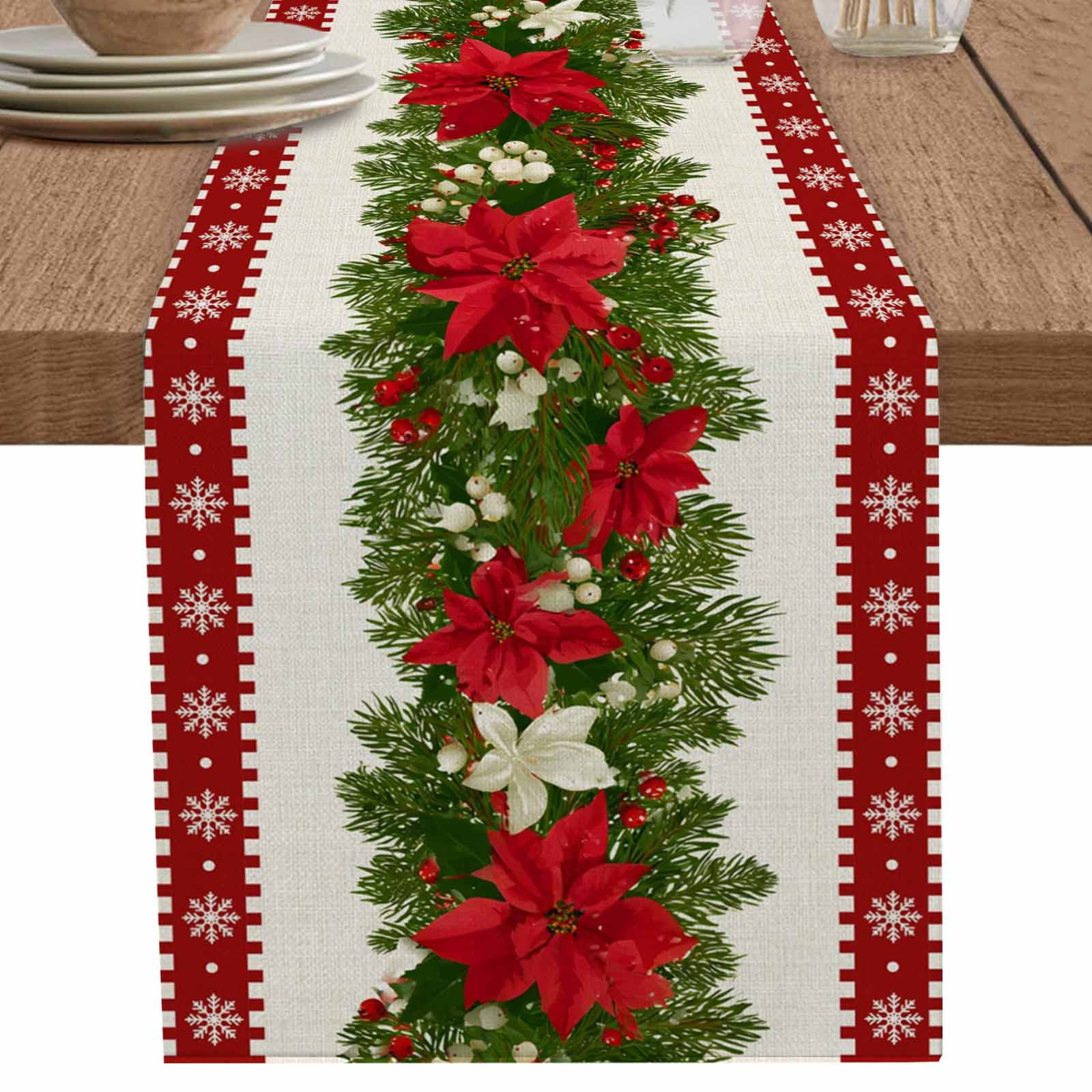 nqOlkjepod Christmas Poinsettia Table Runner 120 Inches Long Farmhouse ...