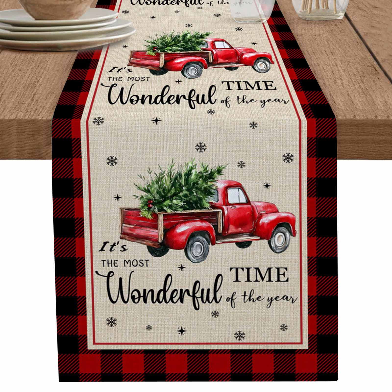 nqOlkjepod Christmas Red Truck Table Runner 108 Inches Long Farmhouse ...