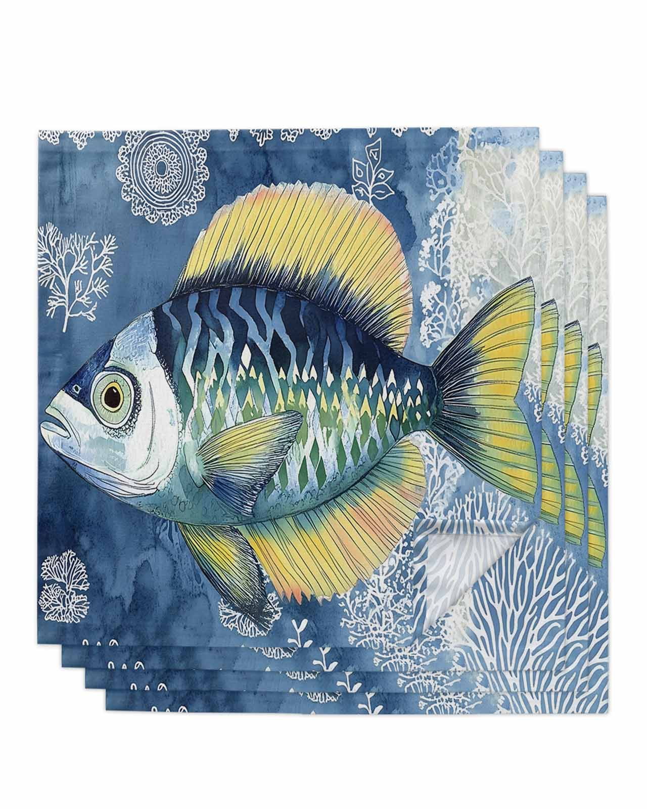 nqOlkjepod Coastal Blue Yellow Fish Cloth Napkins Set of 4 Reusable ...
