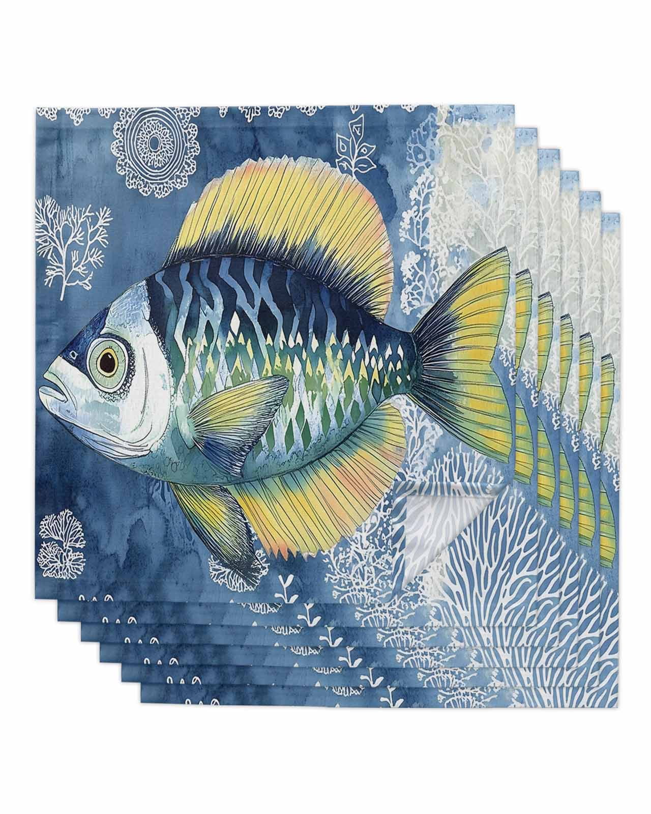 nqOlkjepod Coastal Blue Yellow Fish Cloth Napkins Set of 6 Reusable ...