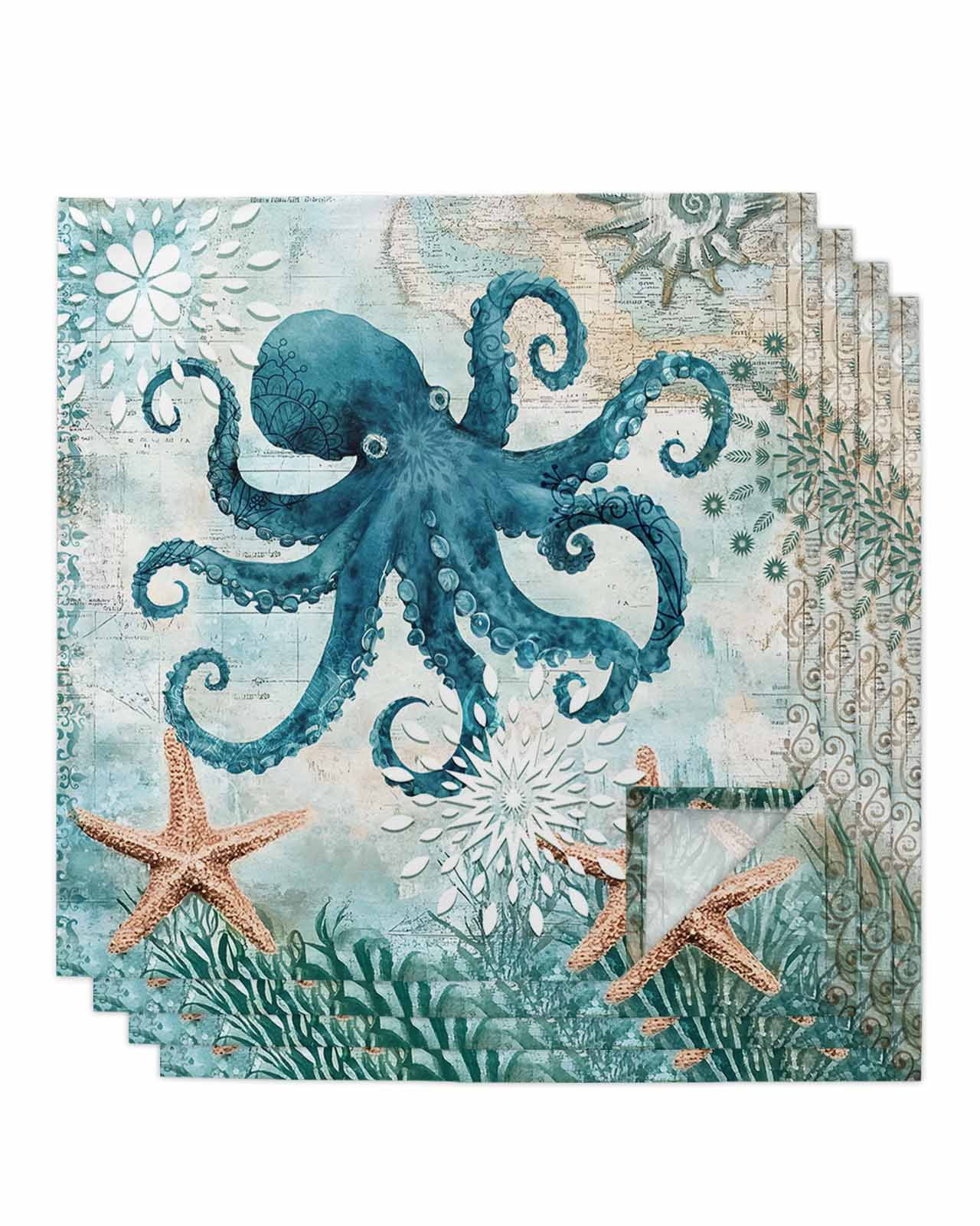 nqOlkjepod Coastal Octopus Cloth Napkins Set of 4 Reusable Dinner ...
