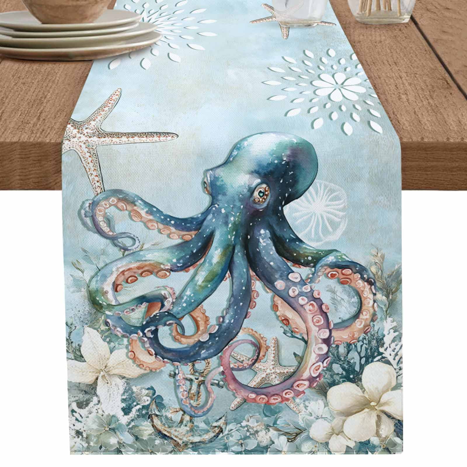 nqOlkjepod Coastal Octopus Table Runner 72 Inches Long Farmhouse Dress ...