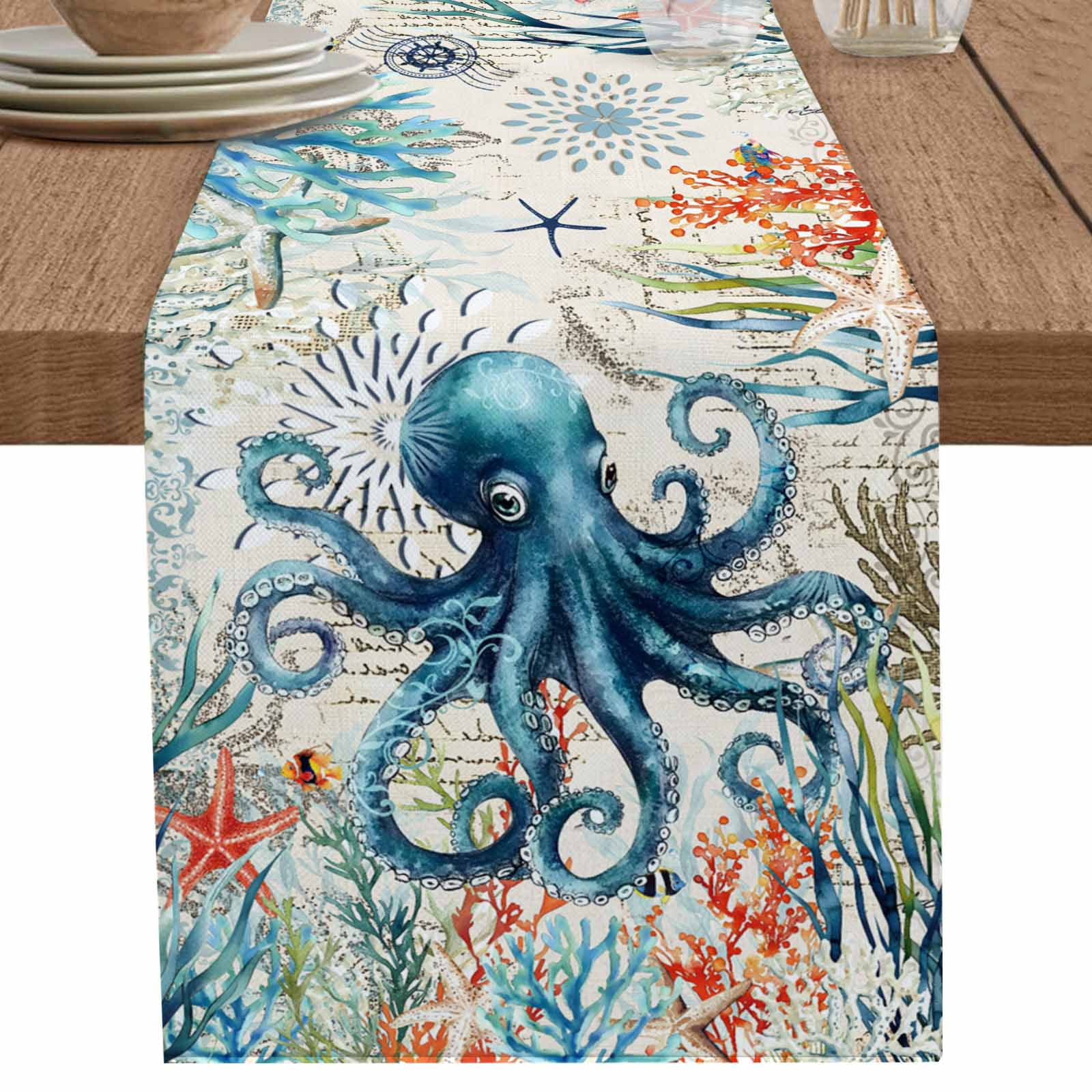 nqOlkjepod Coastal Octopus Table Runner 72 Inches Long Farmhouse Dress ...