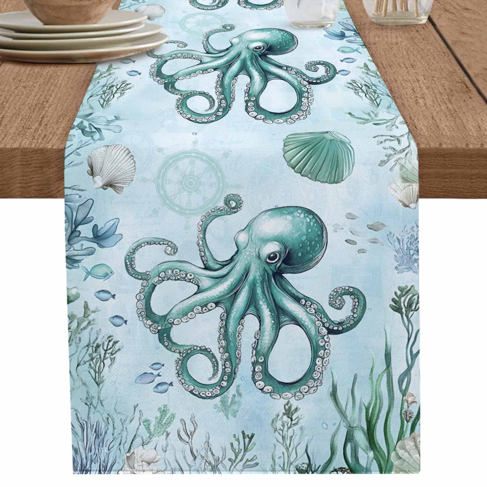 nqOlkjepod Coastal Octopus Table Runner 90 Inches Long Farmhouse Dress Scarves, Cyan Nautical ...
