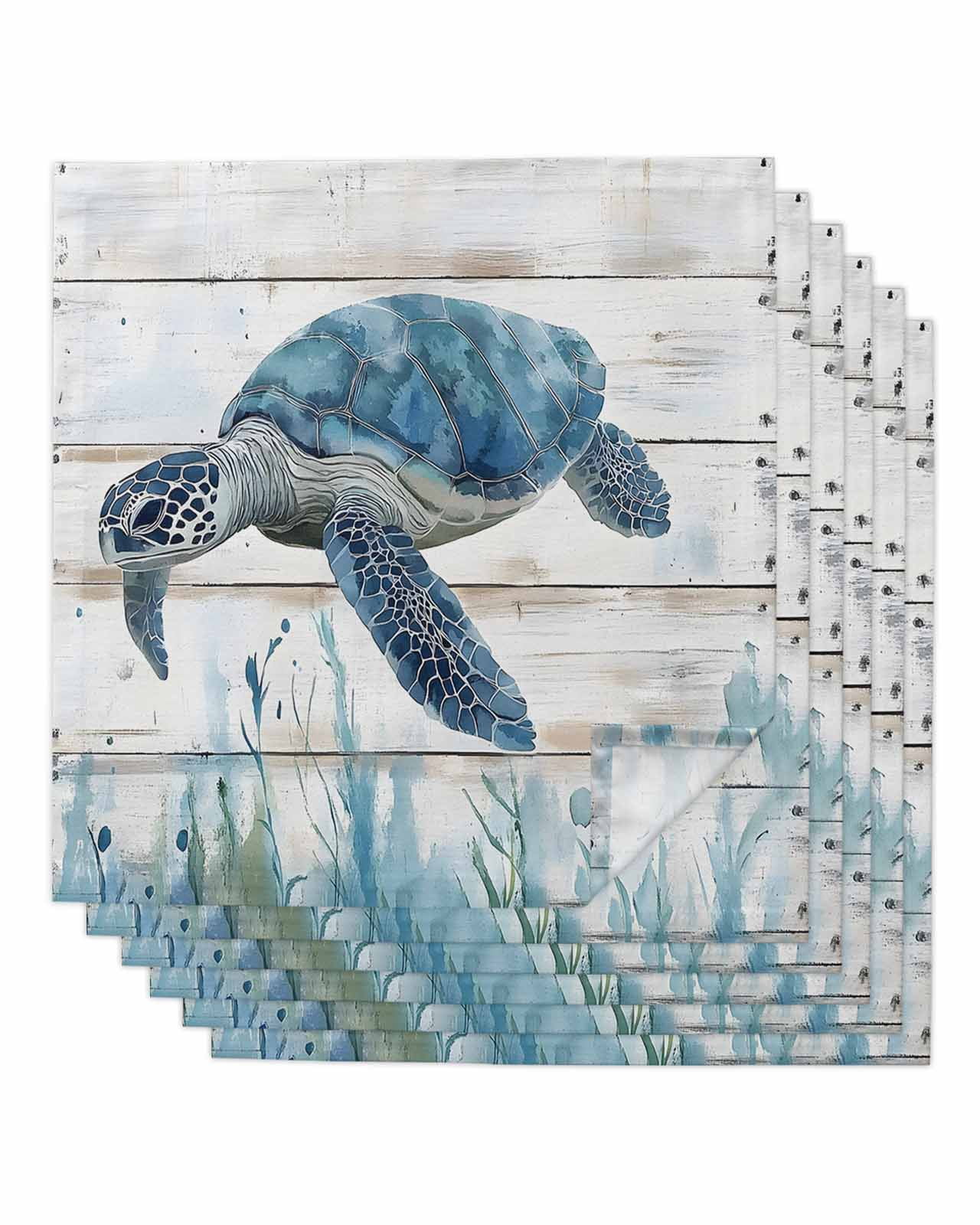nqOlkjepod Coastal Sea Turtle Blue Cloth Napkins Set of 6 Reusable ...