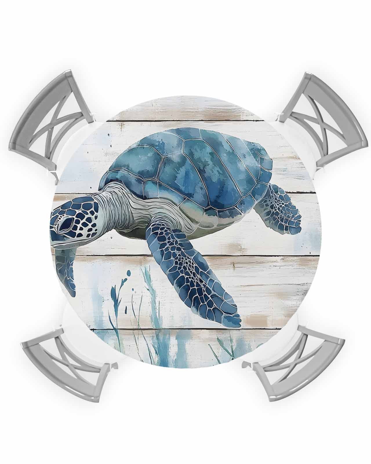 nqOlkjepod Coastal Sea Turtle Blue Round Tablecloth, Fitted Table Cover ...