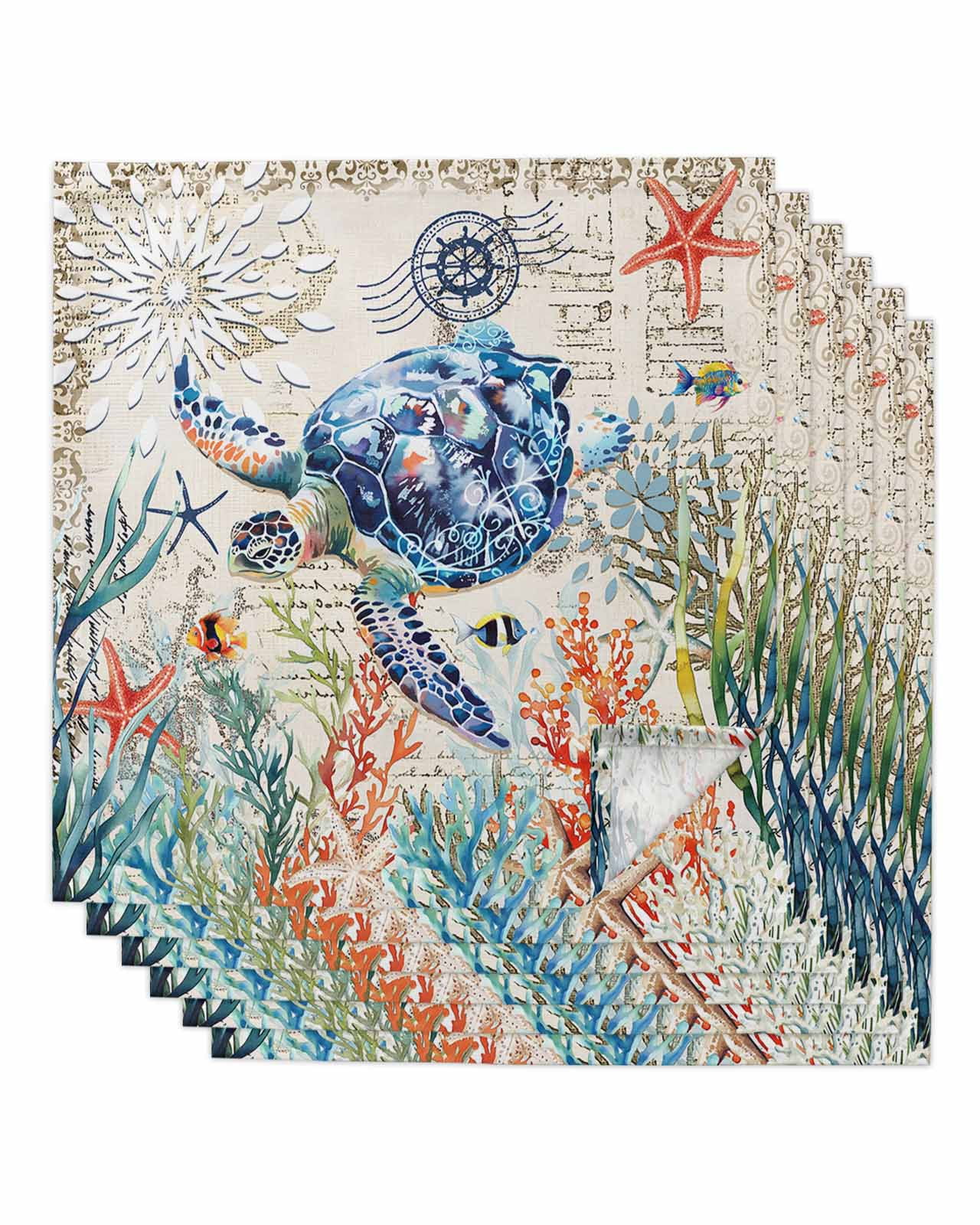 nqOlkjepod Coastal Sea Turtle Cloth Napkins Set of 6 Reusable Dinner ...