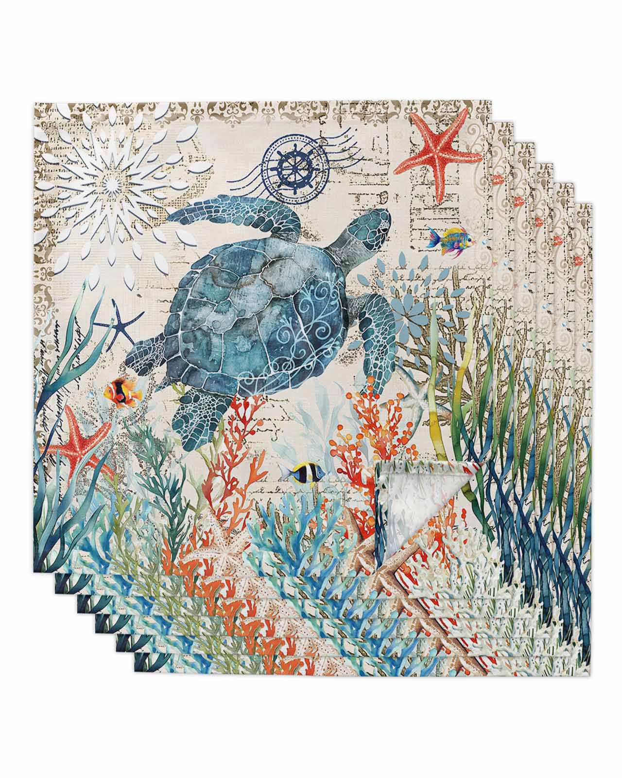 nqOlkjepod Coastal Sea Turtle Cloth Napkins Set of 6 Reusable Dinner ...