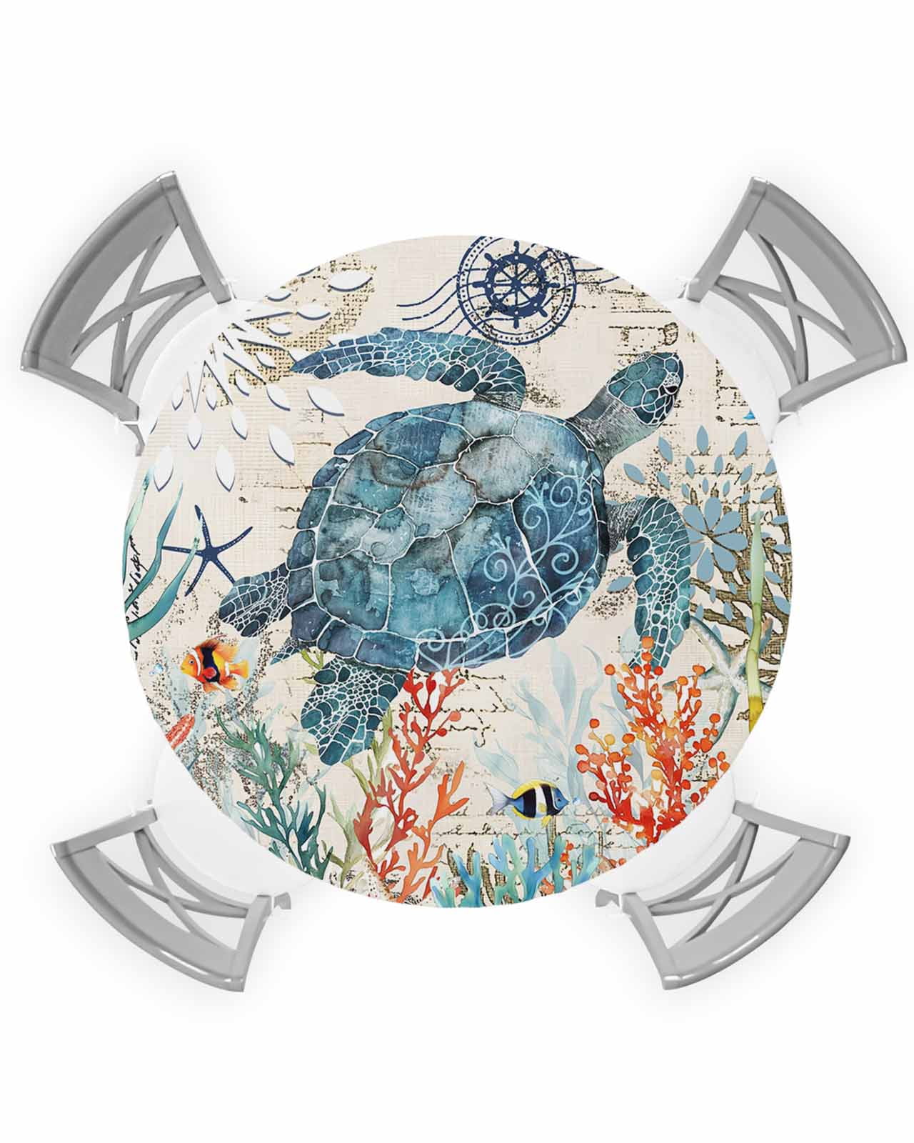 nqOlkjepod Coastal Sea Turtle Round Tablecloth, Fitted Table Cover with ...