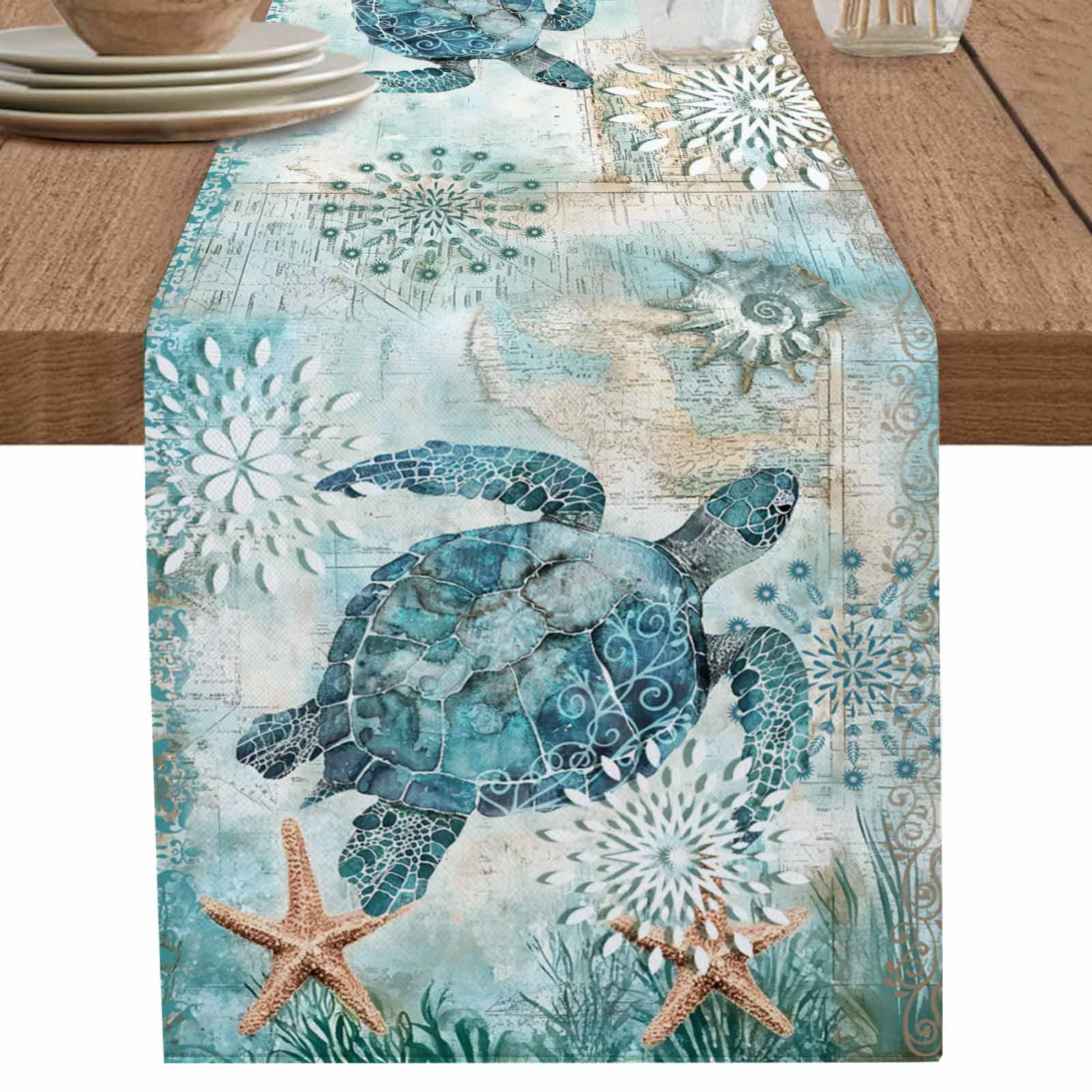 nqOlkjepod Coastal Sea Turtle Table Runner 108 Inches Long Farmhouse ...