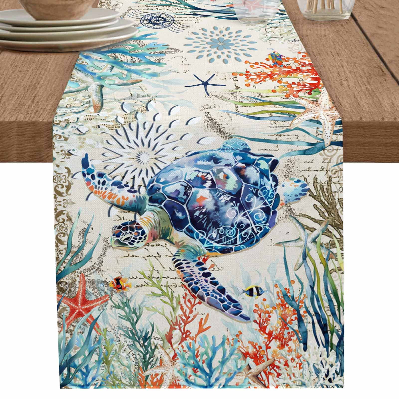 nqOlkjepod Coastal Sea Turtle Table Runner 70 Inches Long Farmhouse ...