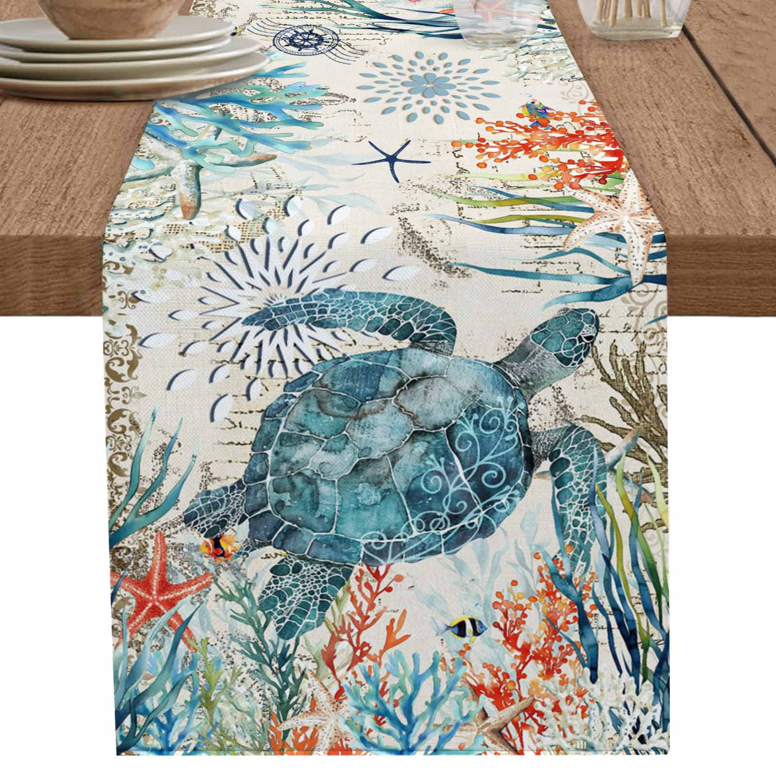 nqOlkjepod Coastal Sea Turtle Table Runner 72 Inches Long Farmhouse ...