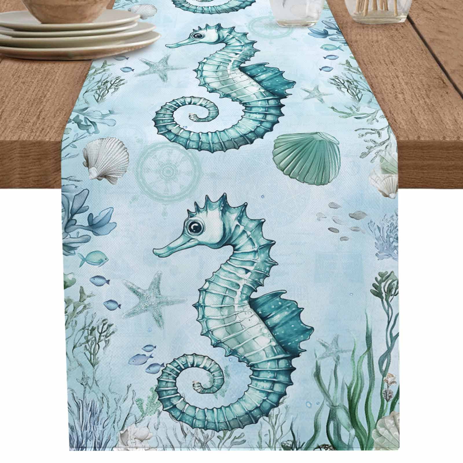 nqOlkjepod Coastal Seahorse Table Runner 72 Inches Long Farmhouse Dress ...