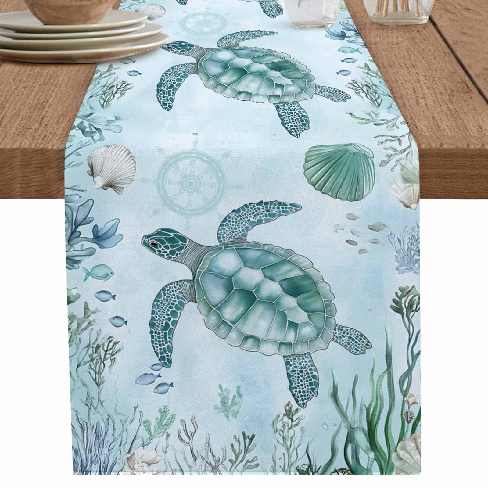 nqOlkjepod Coastal Turtle Table Runner 70 Inches Long Farmhouse Dress ...