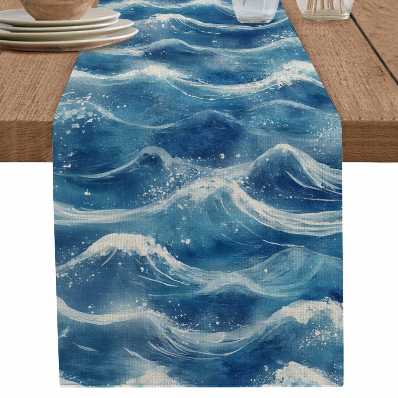 nqOlkjepod Coastal Waves Table Runner 108 Inches Long Farmhouse Dress Scarves, Summer Beach ...