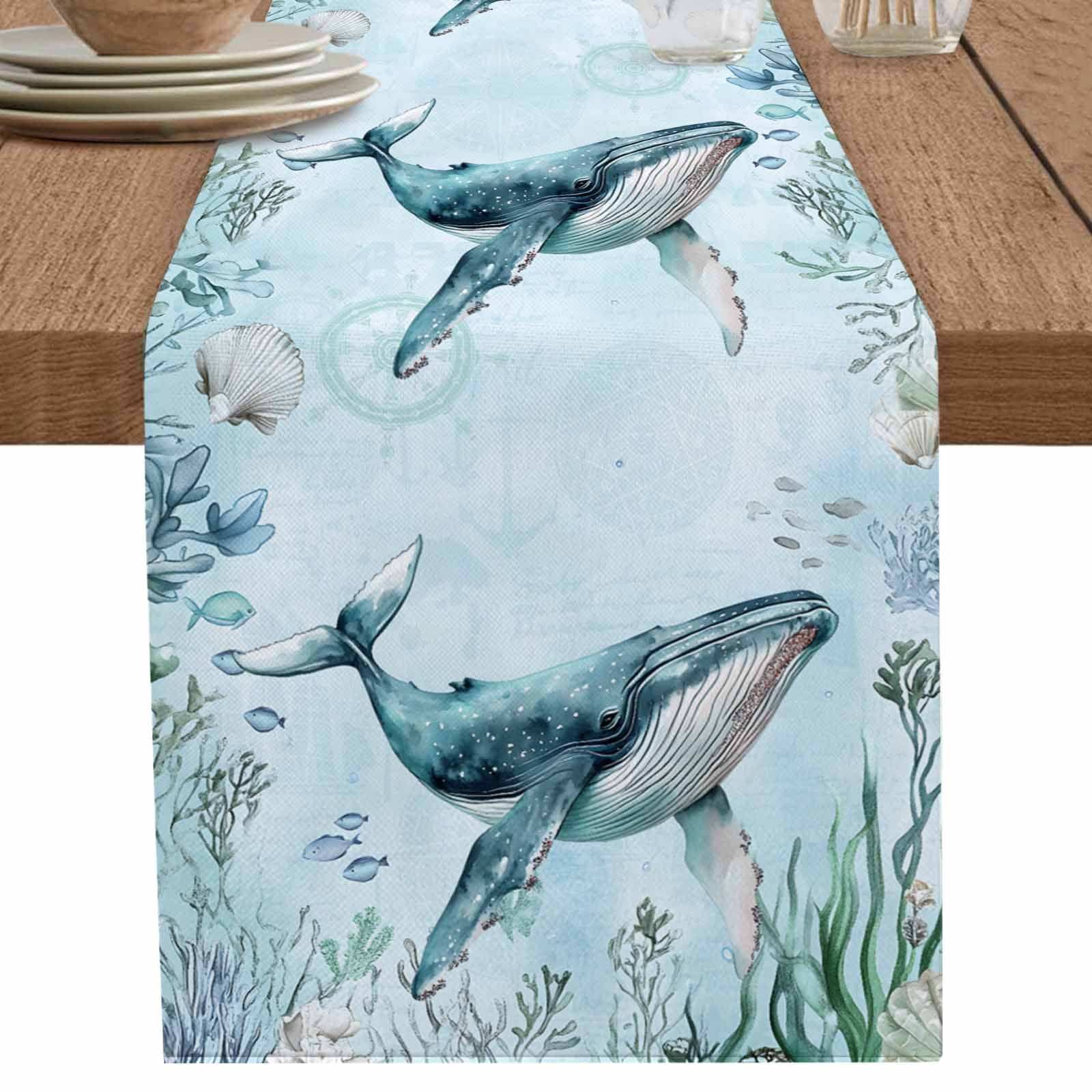 nqOlkjepod Coastal Whale Table Runner 70 Inches Long Farmhouse Dress ...