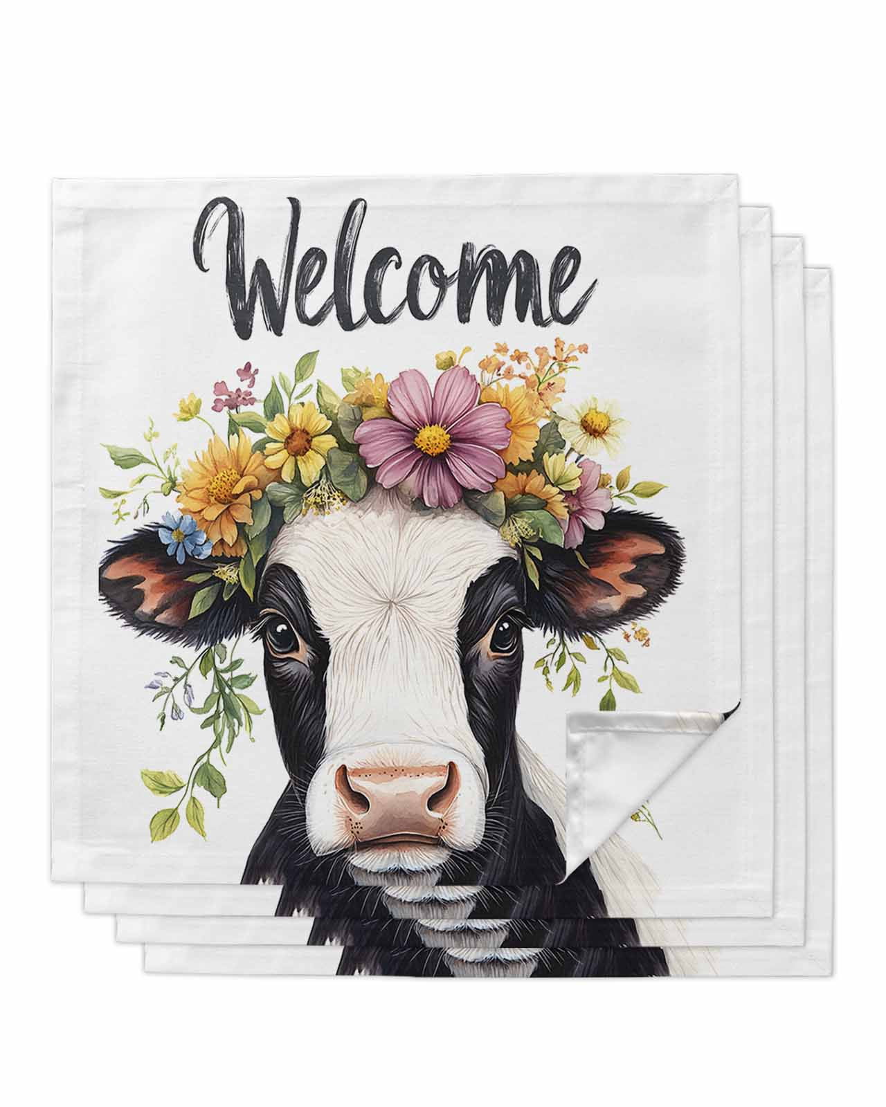nqOlkjepod Cow Flower Cloth Napkins Set of 4 Reusable Dinner Napkins ...